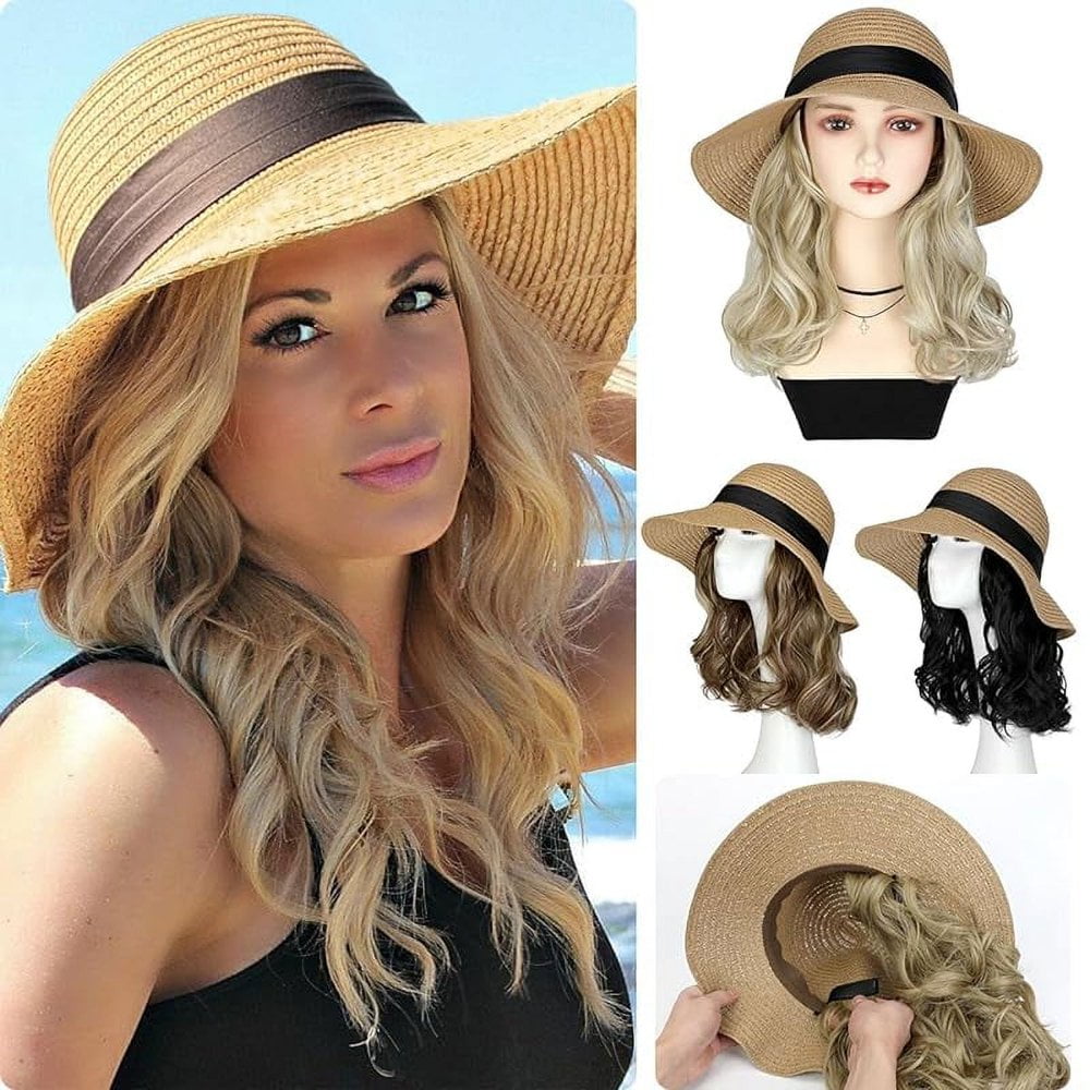 Lindbes Qlenkay Straw Sun Hat with 10in Synthetic Hair Extension Short ...