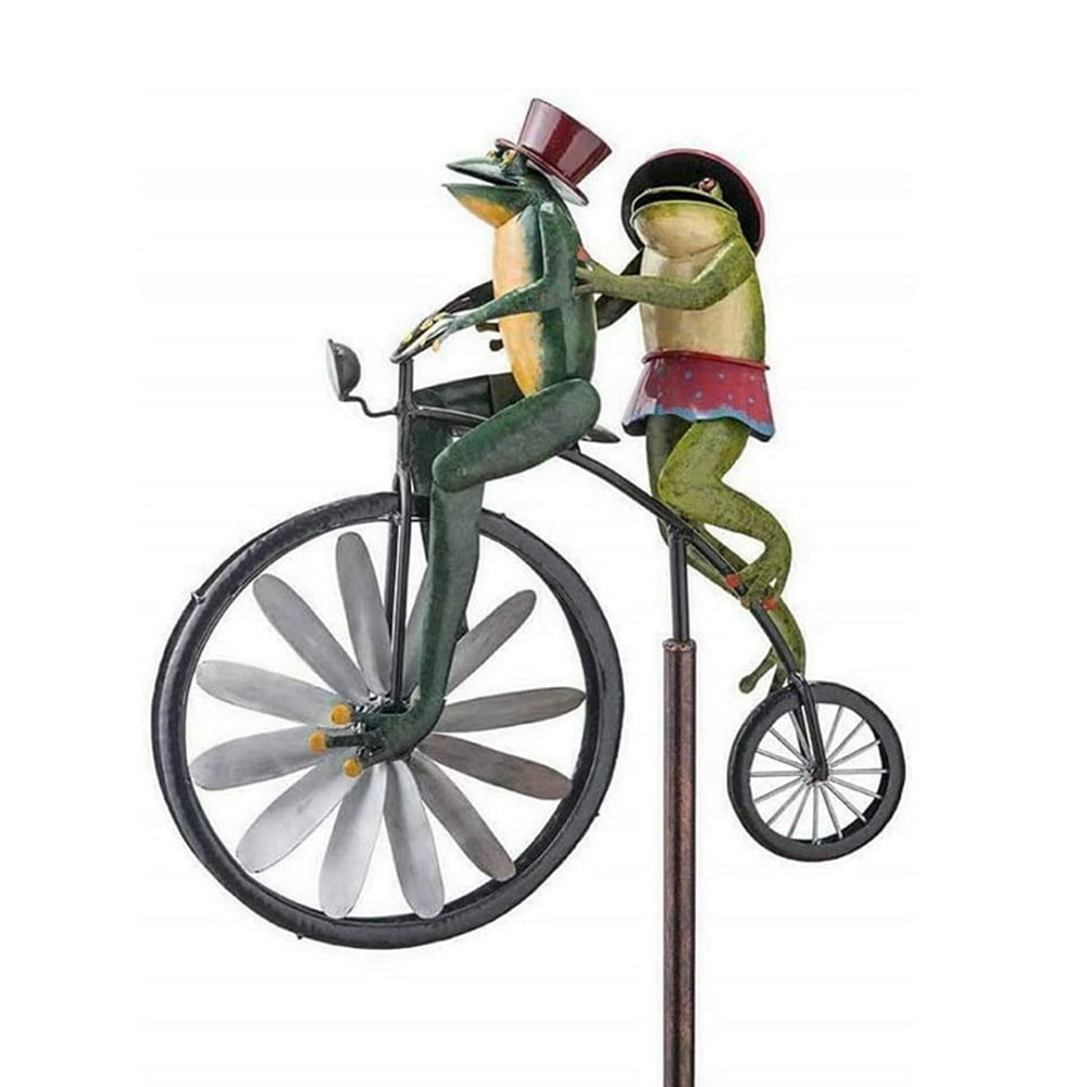Lindbes Wrought Iron Frog Riding Bicycle Wind Spinner with Standing Rod ...
