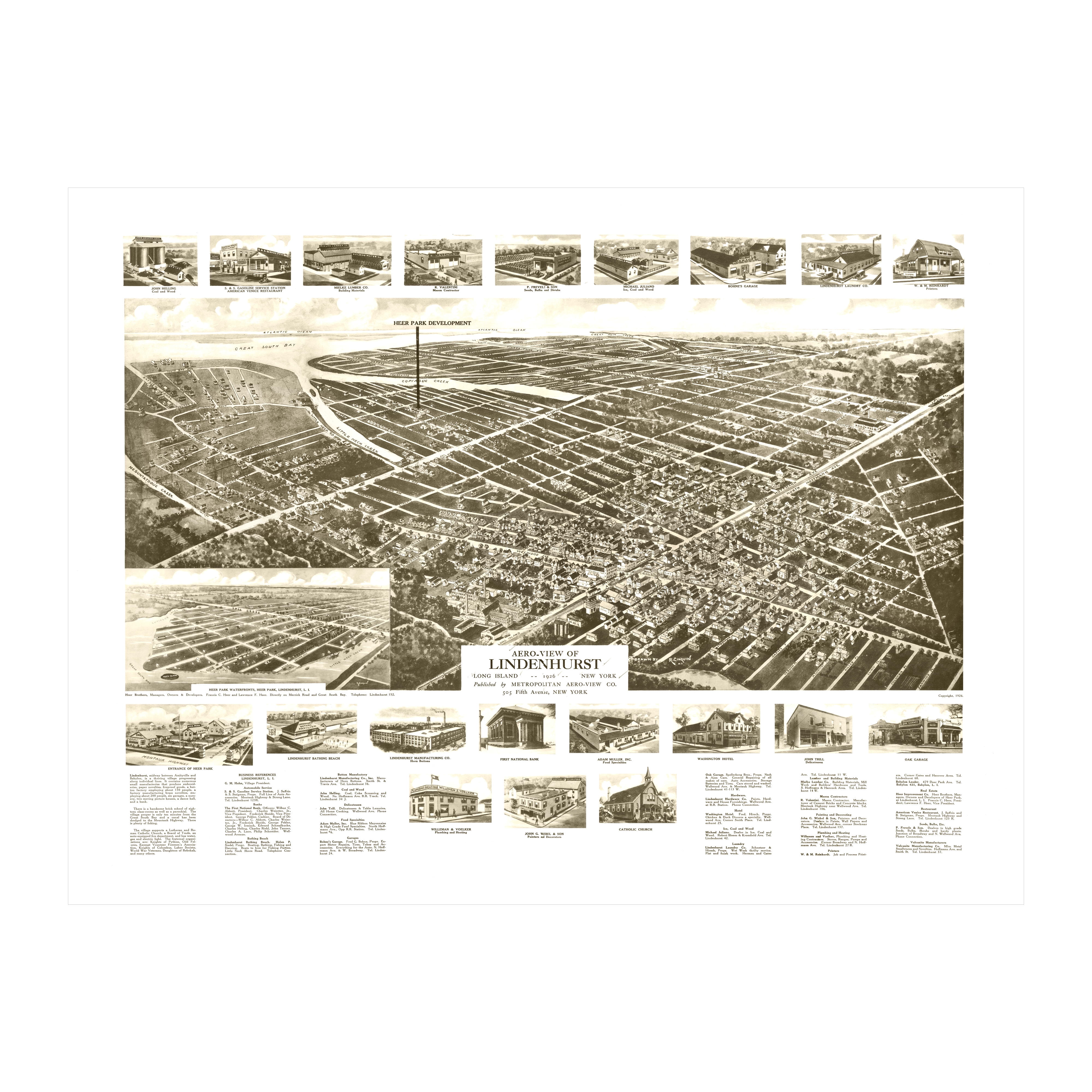 Lindenhurst Art, 1926 Vintage Map of Lindenhurst New York, NY History ...