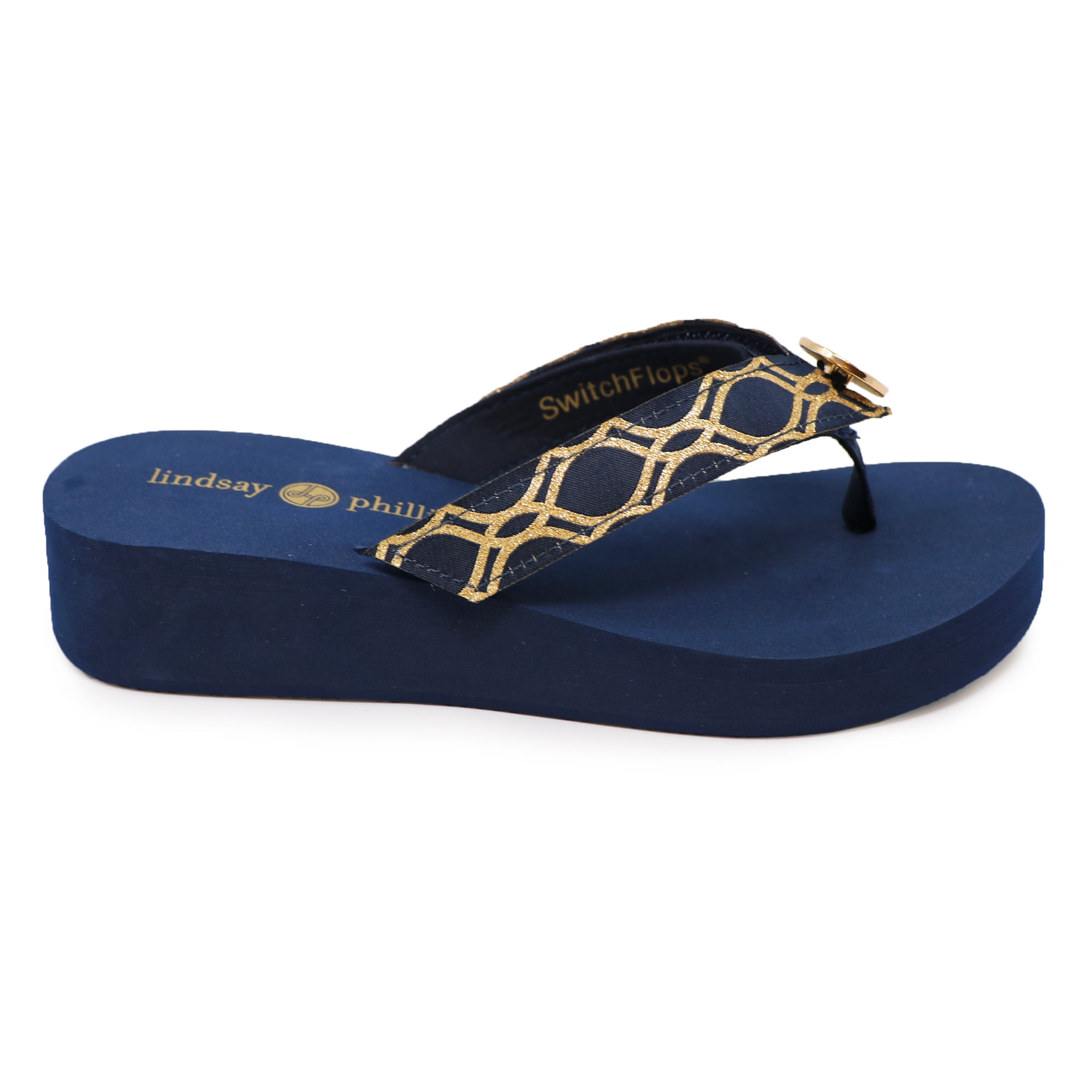 Lindsay Phillips Women's Taylor-Tu Navy Wedge Sandal with Gold LP Logo ...