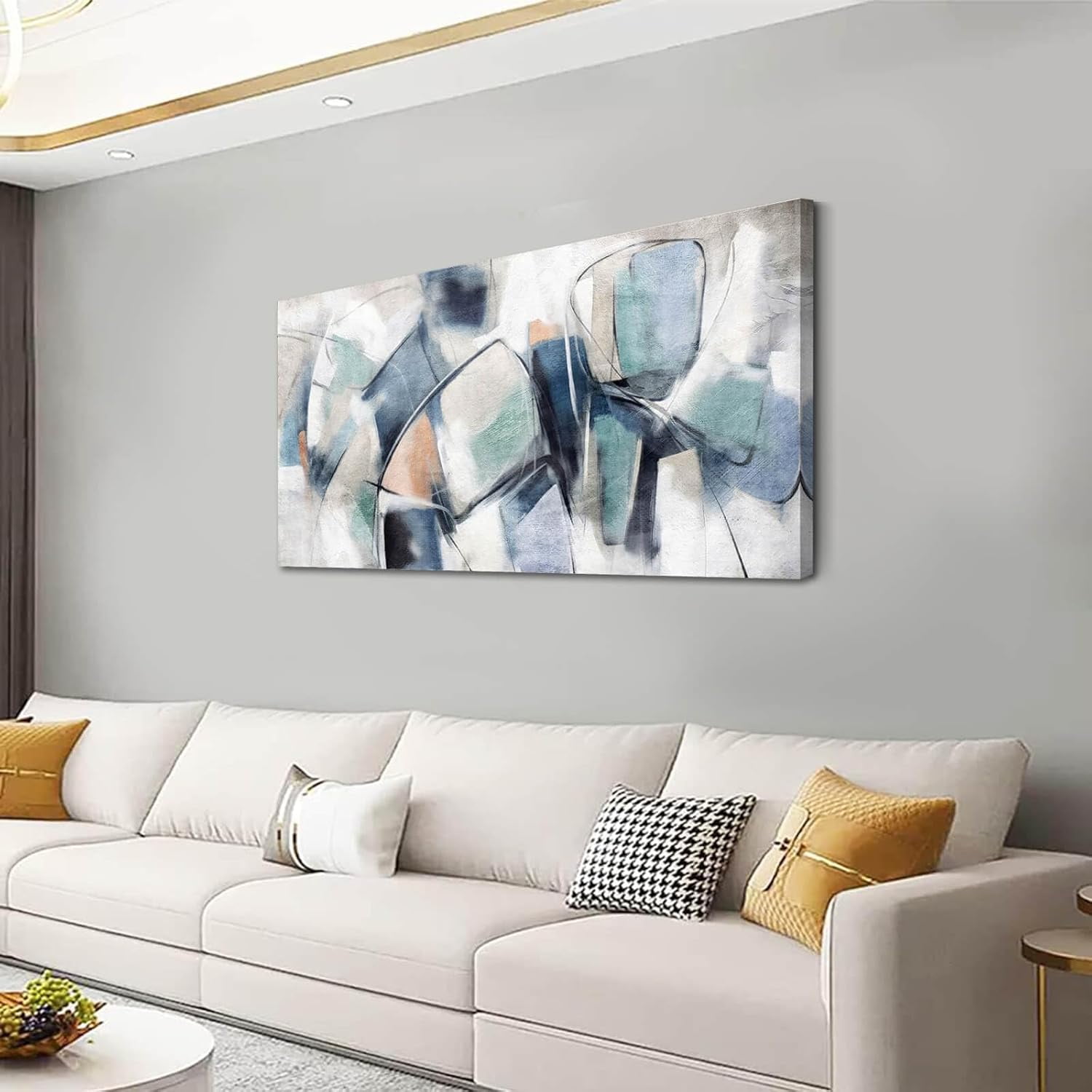 Line Art Canvas Decor Blue and Grey Living Room Decorations Black and ...