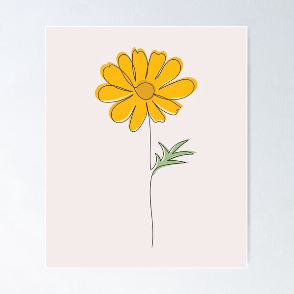 Line Art Flower Drawing, Yellow Color Poster Wall Art, Modern Wall ...