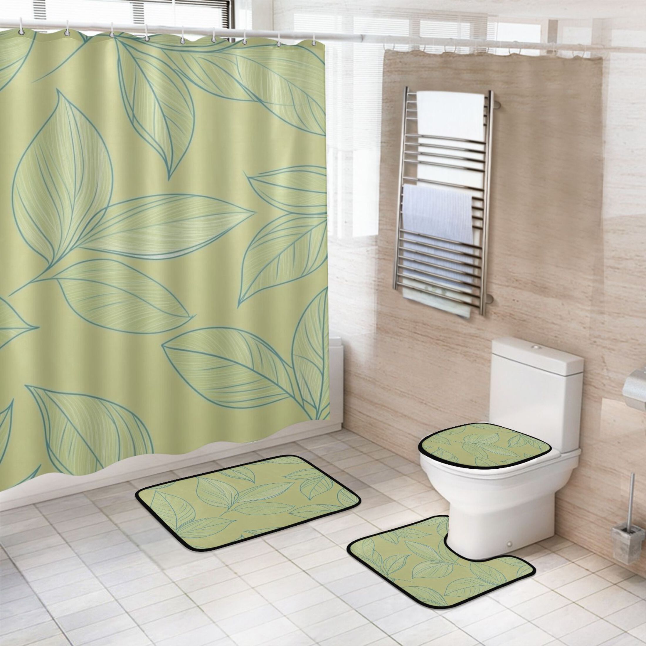 Line Art Green Leaves Shower Curtain and Rug Sets Toilet Lid Cover ...