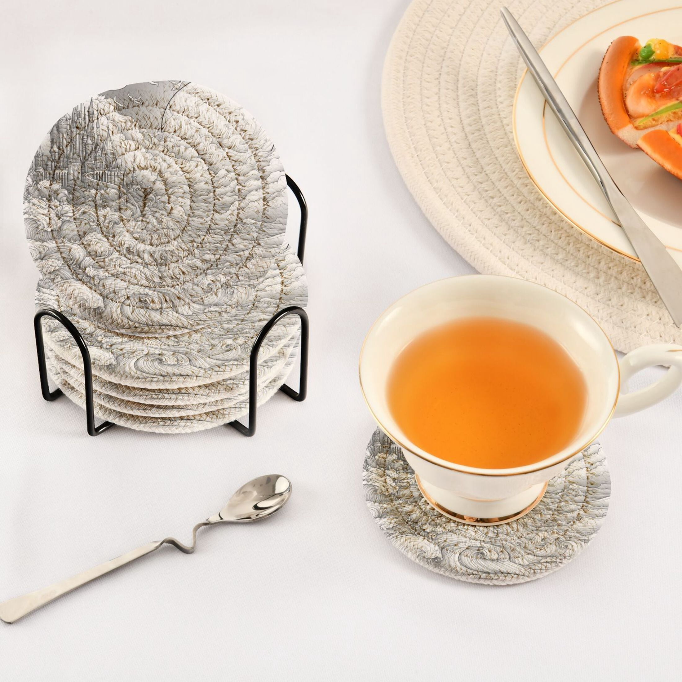 Line Art Sky Castle Set of 6 Durable Woven Polyester Coasters with ...