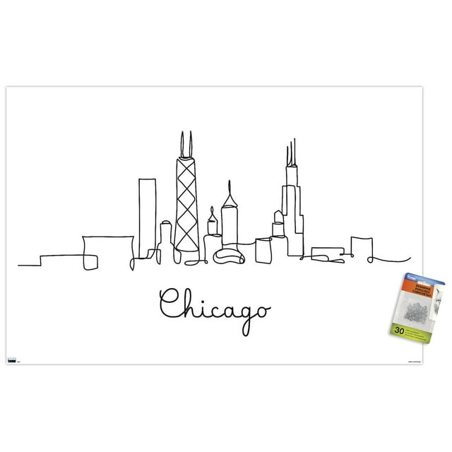 Line Art Skyline - Chicago Wall Poster with Pushpins, 22.375" x 34 ...