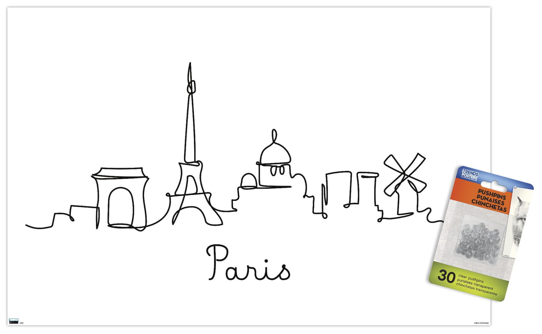 Line Art Skyline - Paris Wall Poster with Pushpins, 14.725" x 22.375 ...