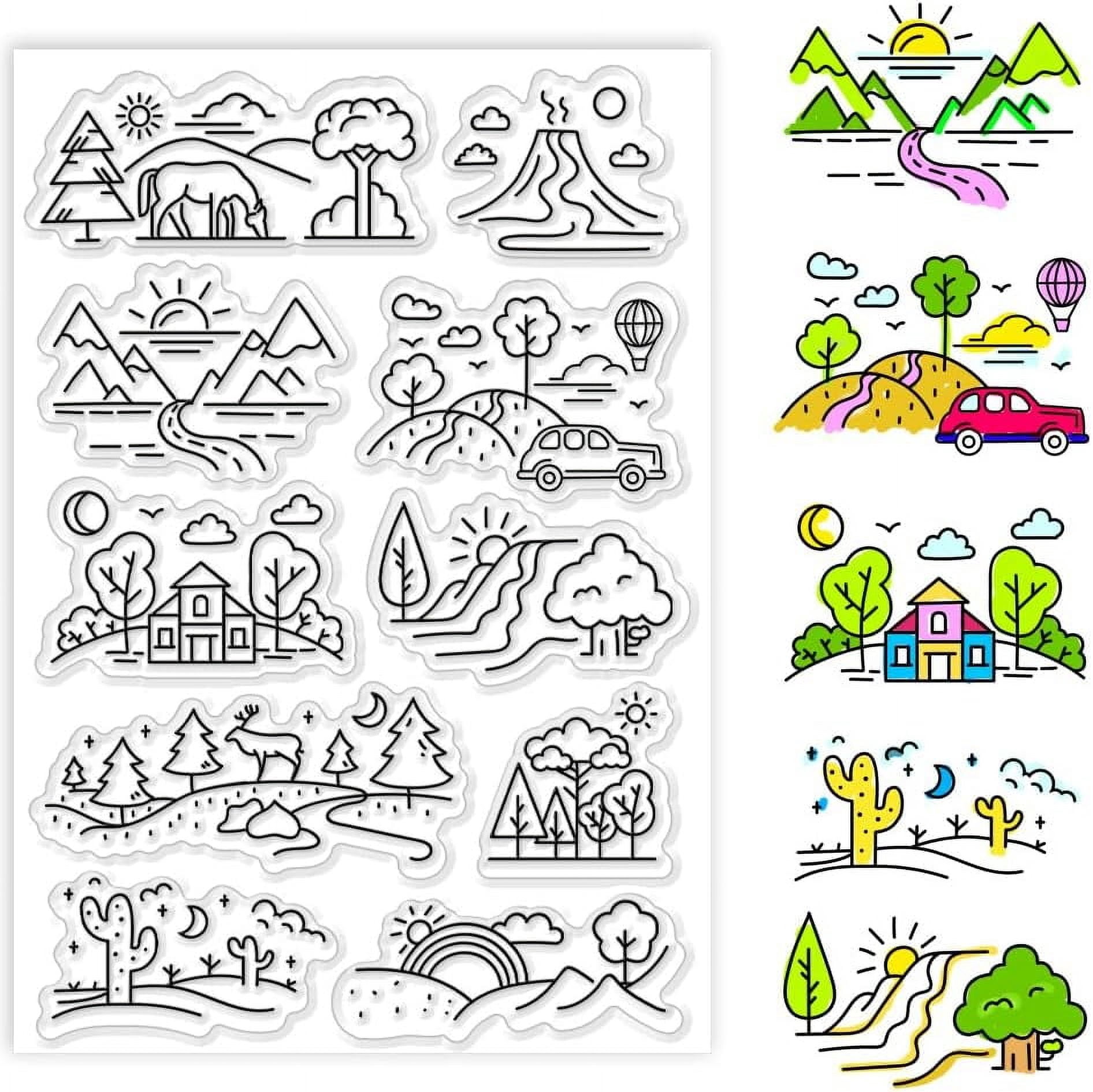 Line Drawing Clear Stamp Rural Tree Mountain Village Silicone Stamp ...