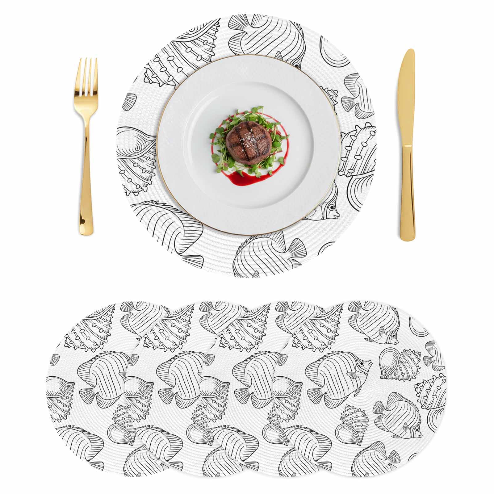 Line Drawing Fish Round 15 Inch Placemats Set of 4, Summer Coastal ...