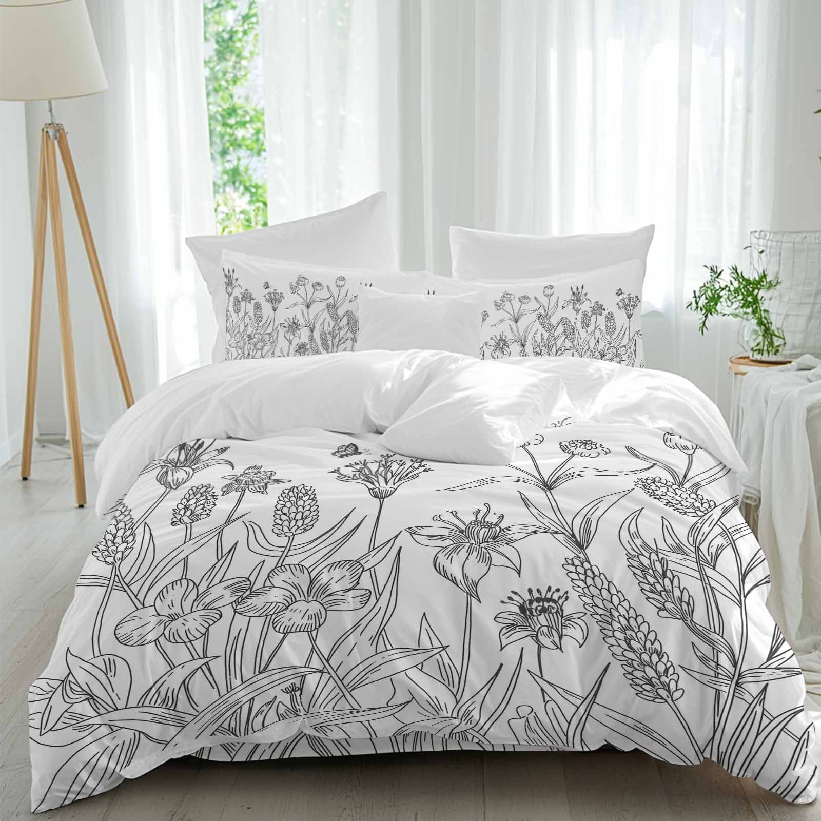Line Drawing Flowers 4 Piece Duvet Cover Set Queen Size Flower Sketch ...