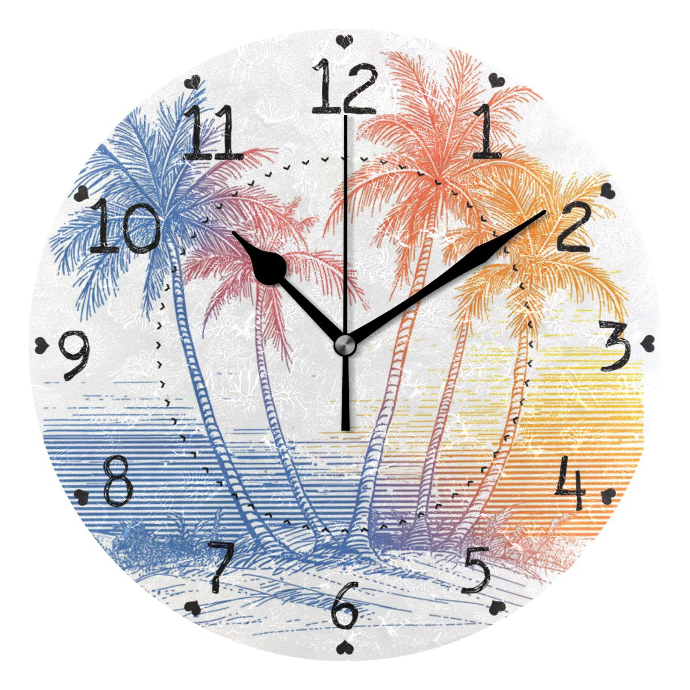 Line Drawing Palm Trees Rainbow Colored Round Wall Clock Silent Analog ...