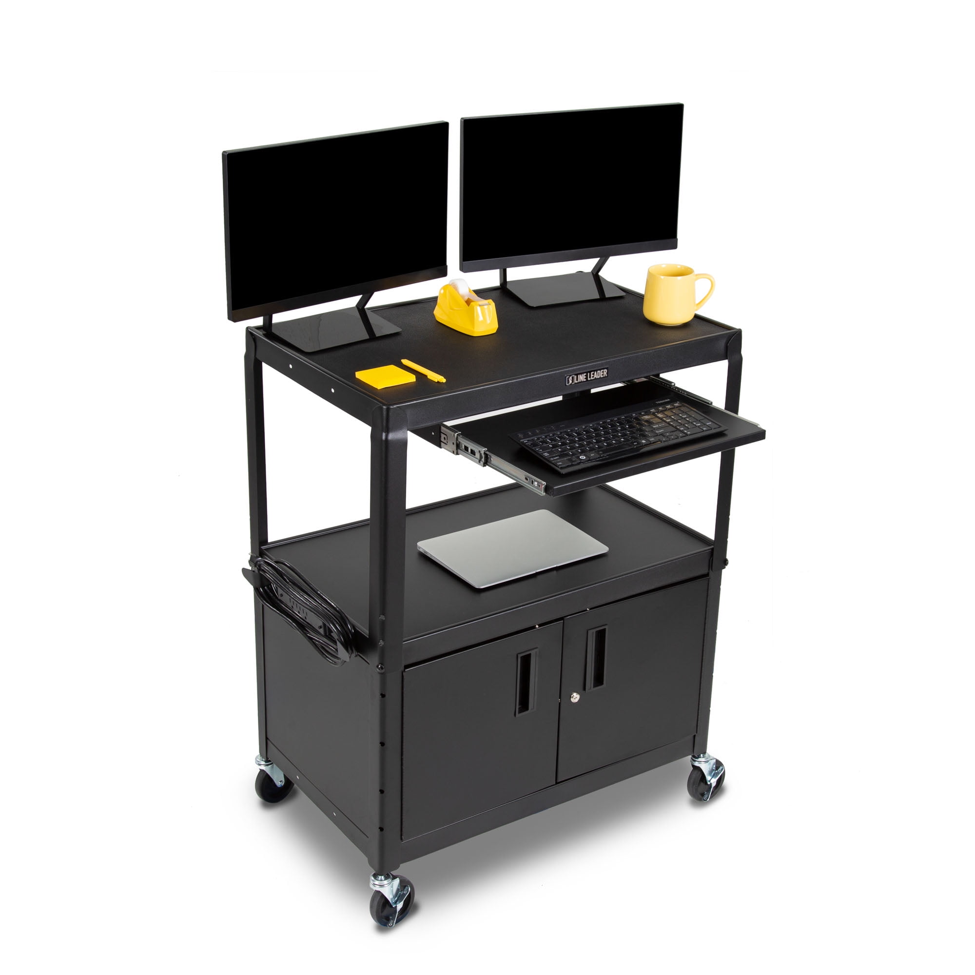 Line Leader Extra Wide AV Cart with Locking Cabinet | Height Adjustable ...