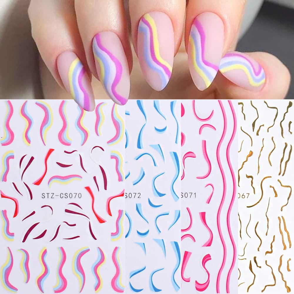 Line Nail Stickers, Metallic Gold Line Nail Decals 3D Self-Adhesive ...