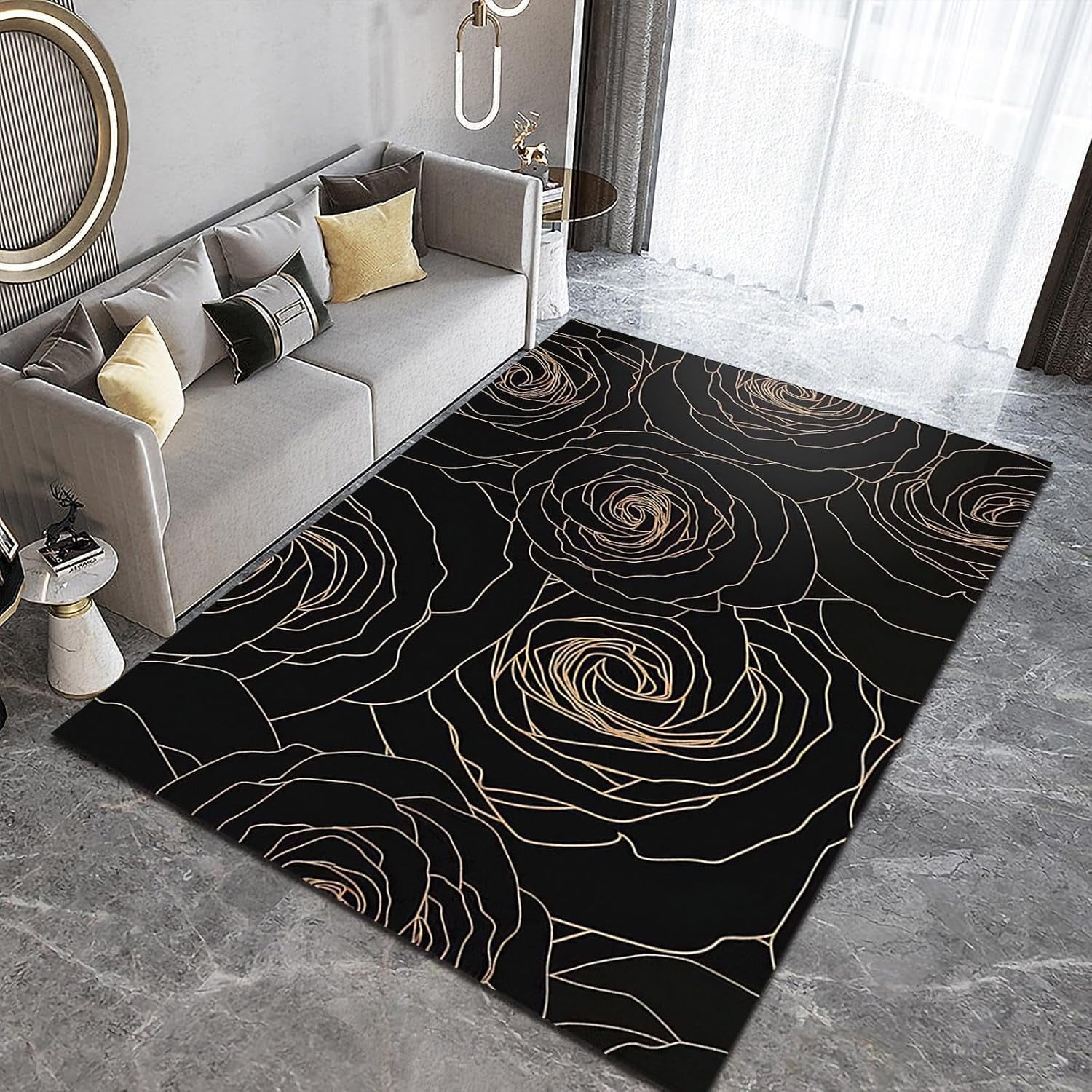 Line Rose Area Rug, Black Gold Light Luxury Living Room Carpets, with ...