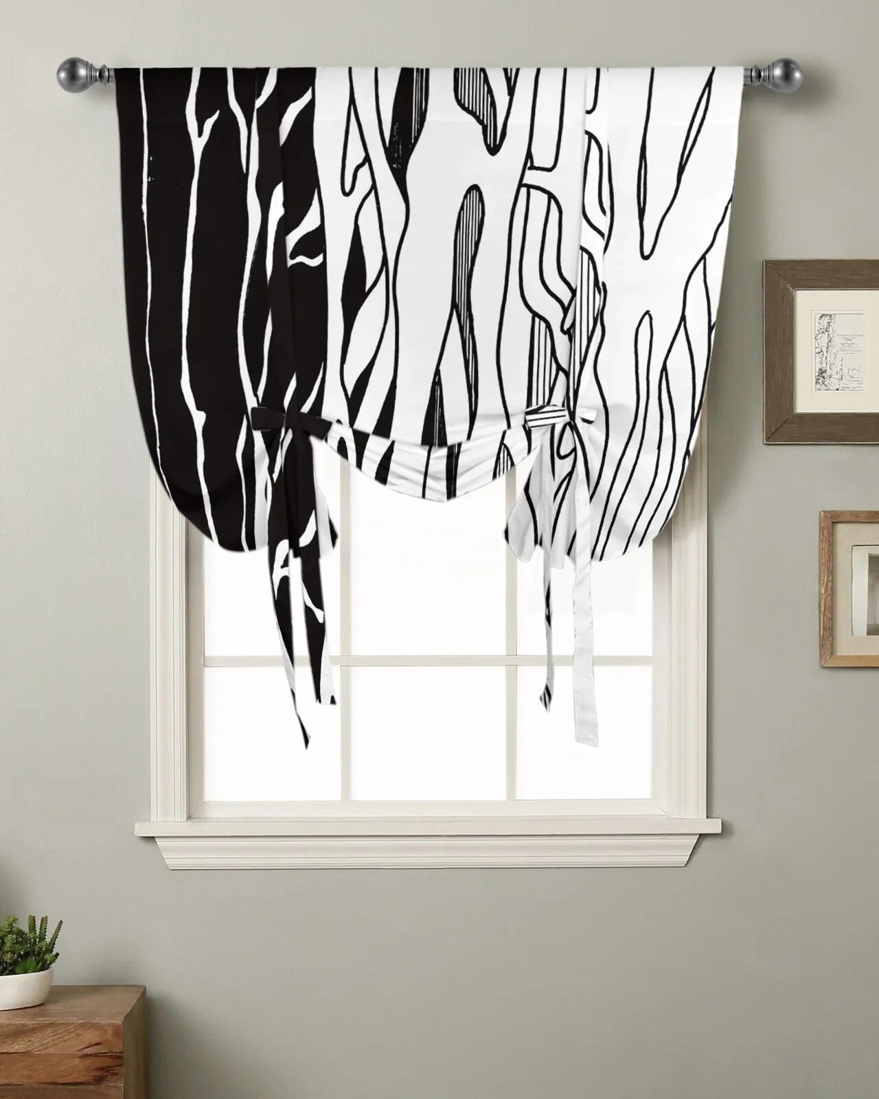 Line Simple Black White Kitchen Short Window Curtain Rod Pocket ...