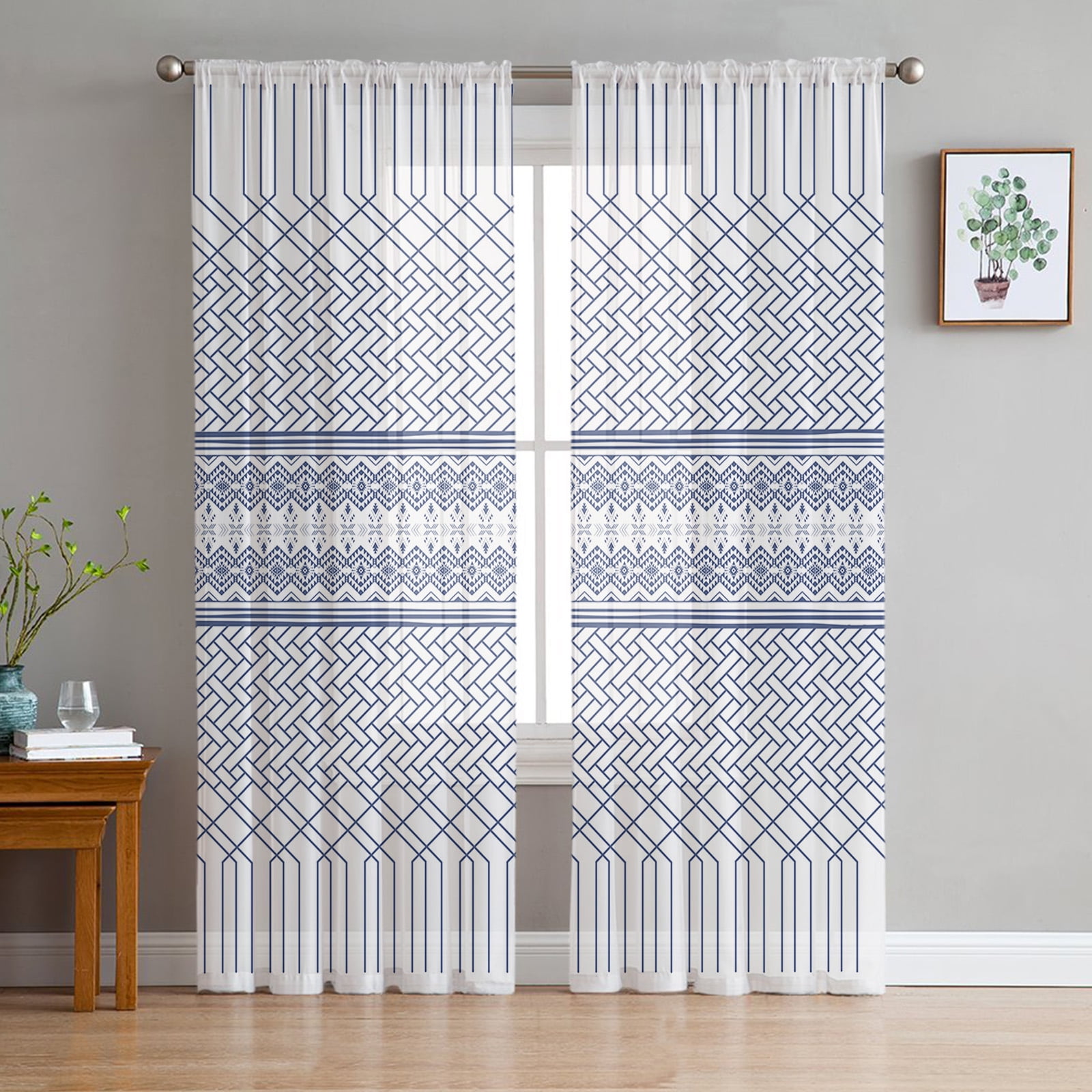 Line Texture Gradient Texture Blue Bedroom Transparent Sheer Curtains ...