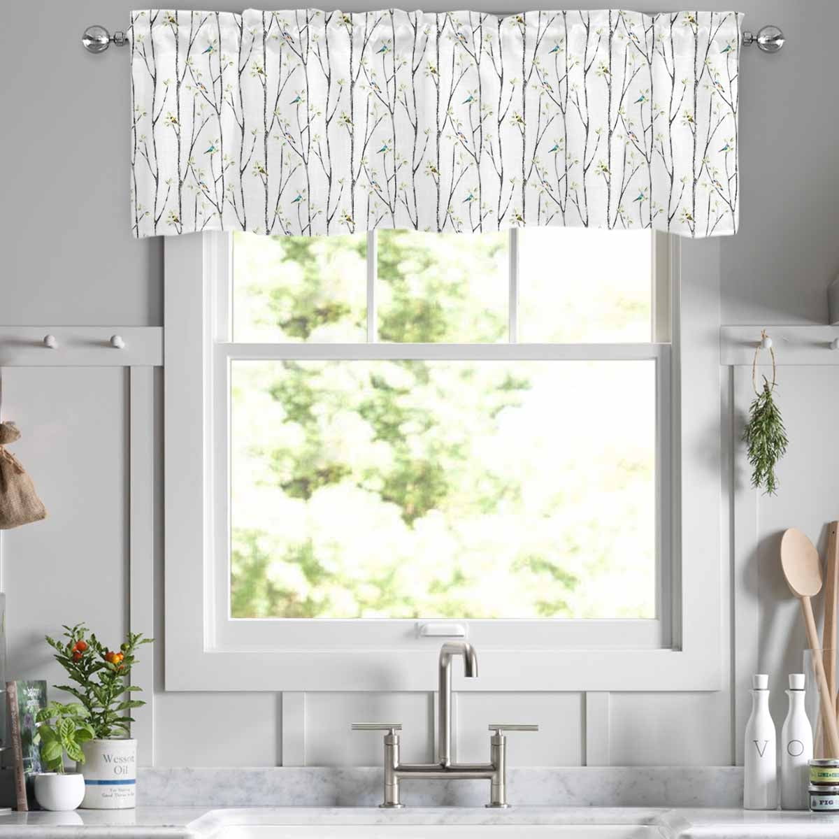 Line Valance for Kitchen Living Room Bedroom Bird and Tree Branch Rod ...
