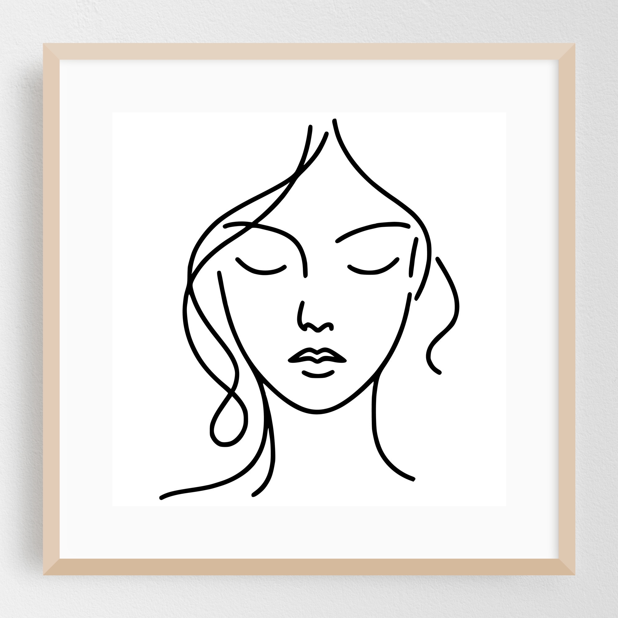 Line art beautiful woman portrait - Line Drawing Oak Framed Wall Art ...