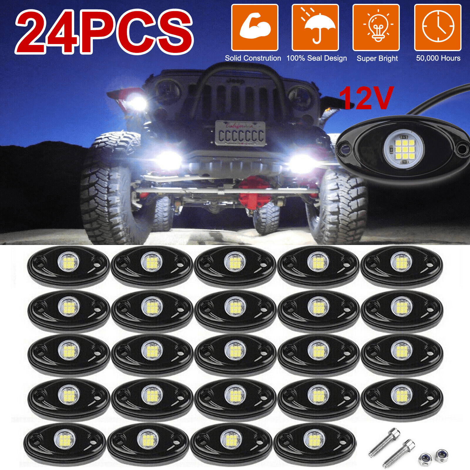 LineYDI 24 Pods White LED Rock Lights Neon Underglow Light for Car ...