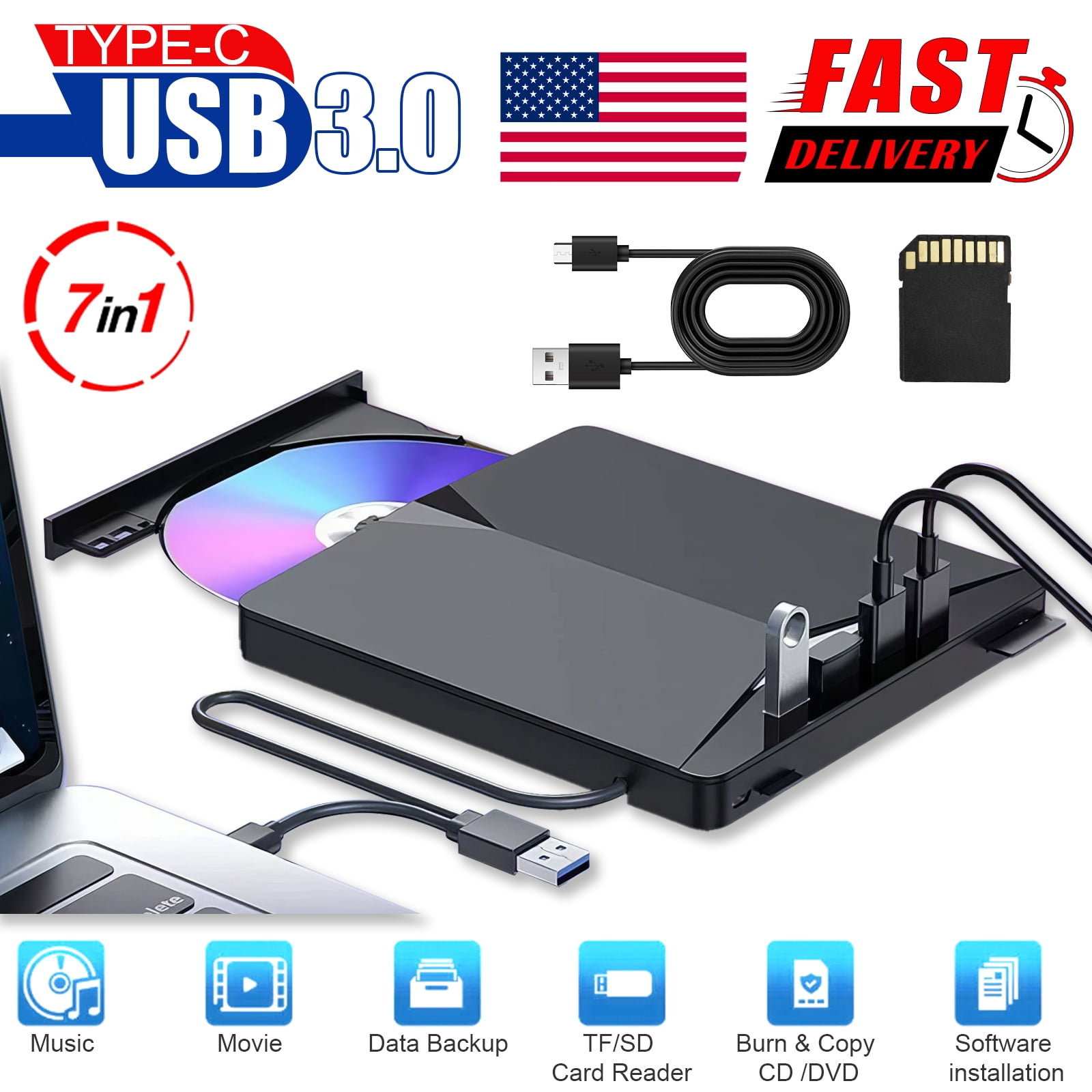 LineYDI External CD DVD Drive, 7 in 1 USB 3.0 Burner Reader Writer ...