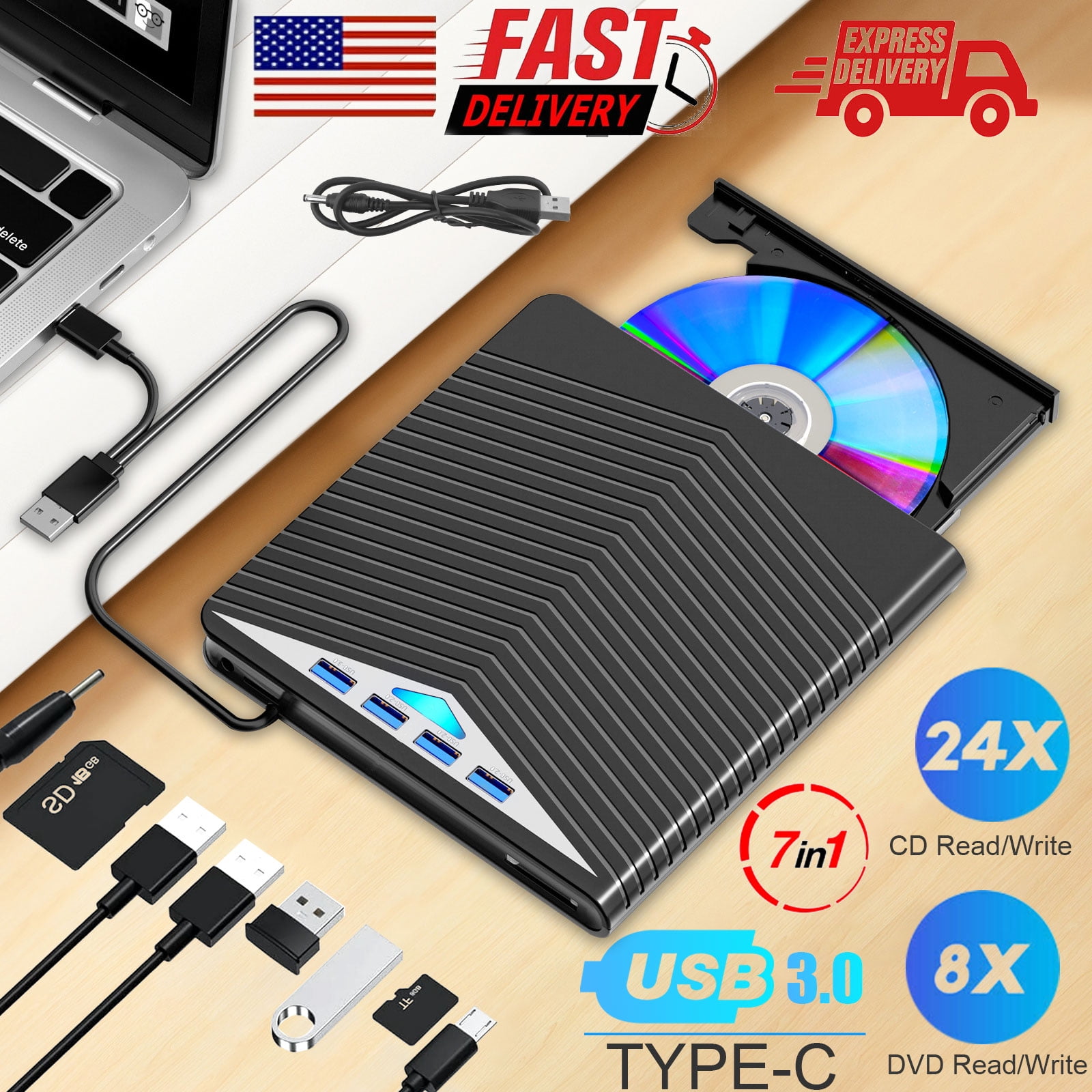 LineYDI External CD DVD Drive, 7 in 1 USB 3.0 Burner Reader Writer ...