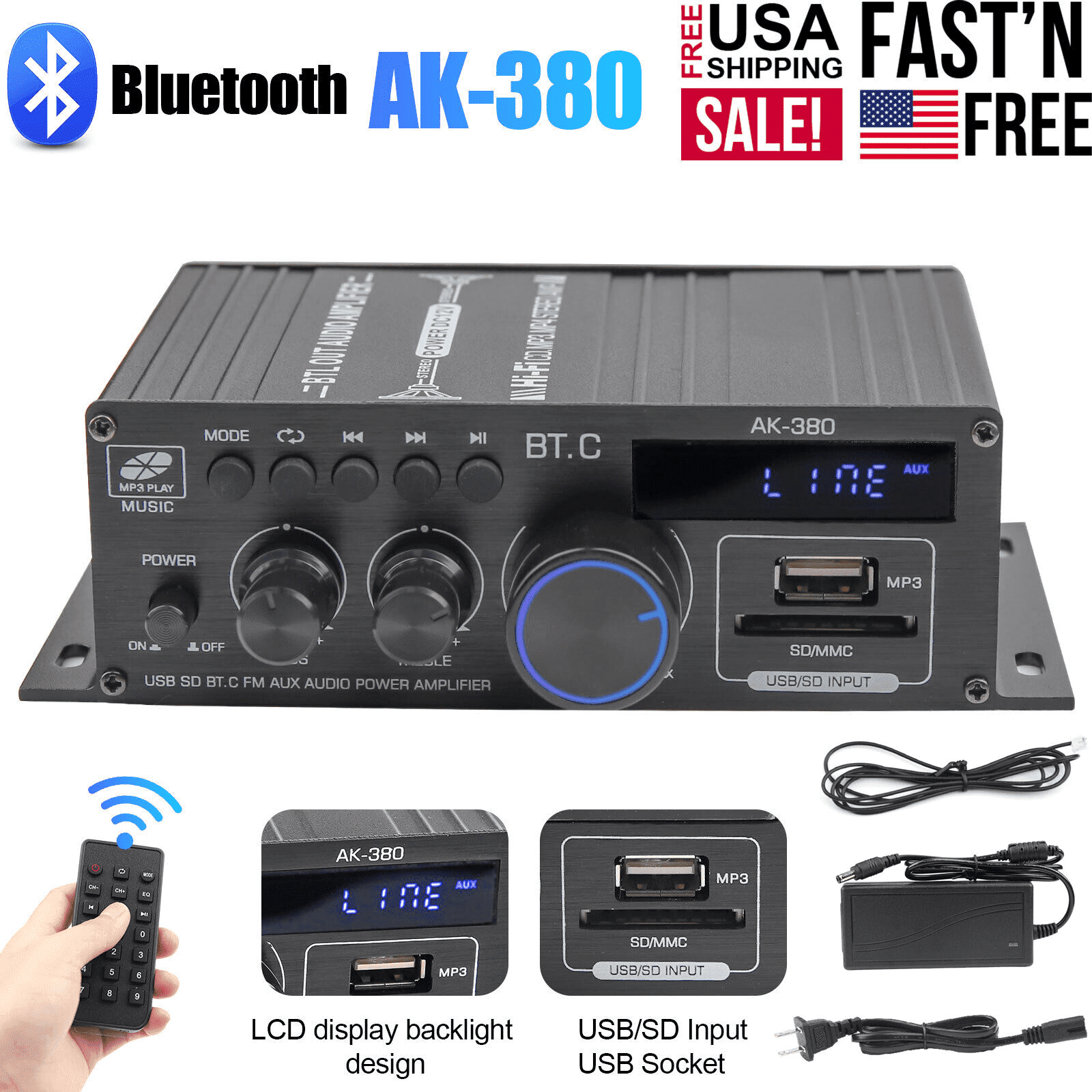 LineYDI 800W 2 Channel bluetooth Mini HIFI Power Amplifier Audio Stereo ...