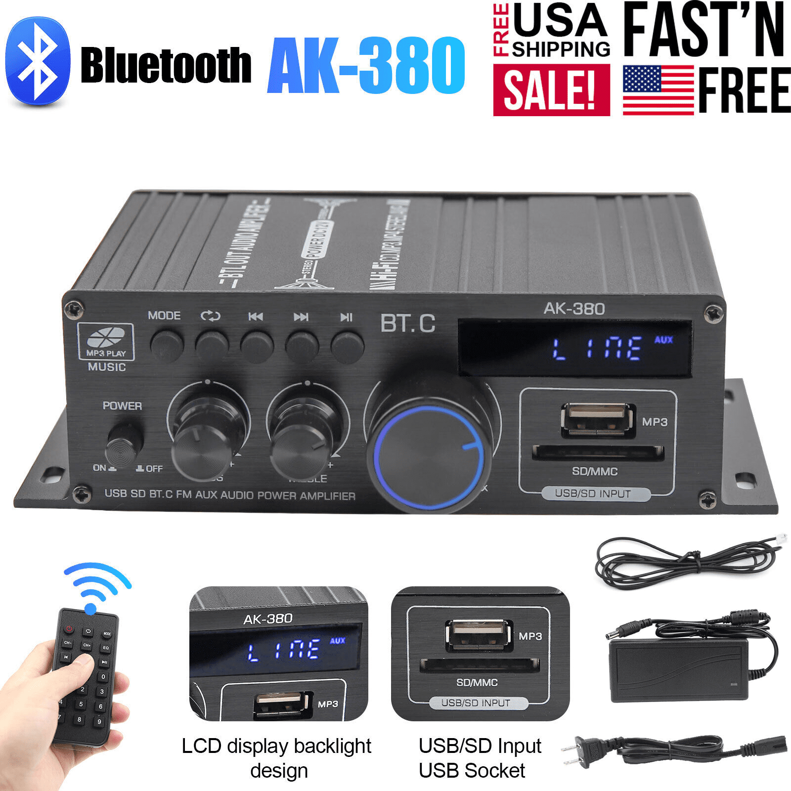 LineYDI 800W 2 Channel bluetooth Mini HIFI Power Amplifier Audio Stereo ...