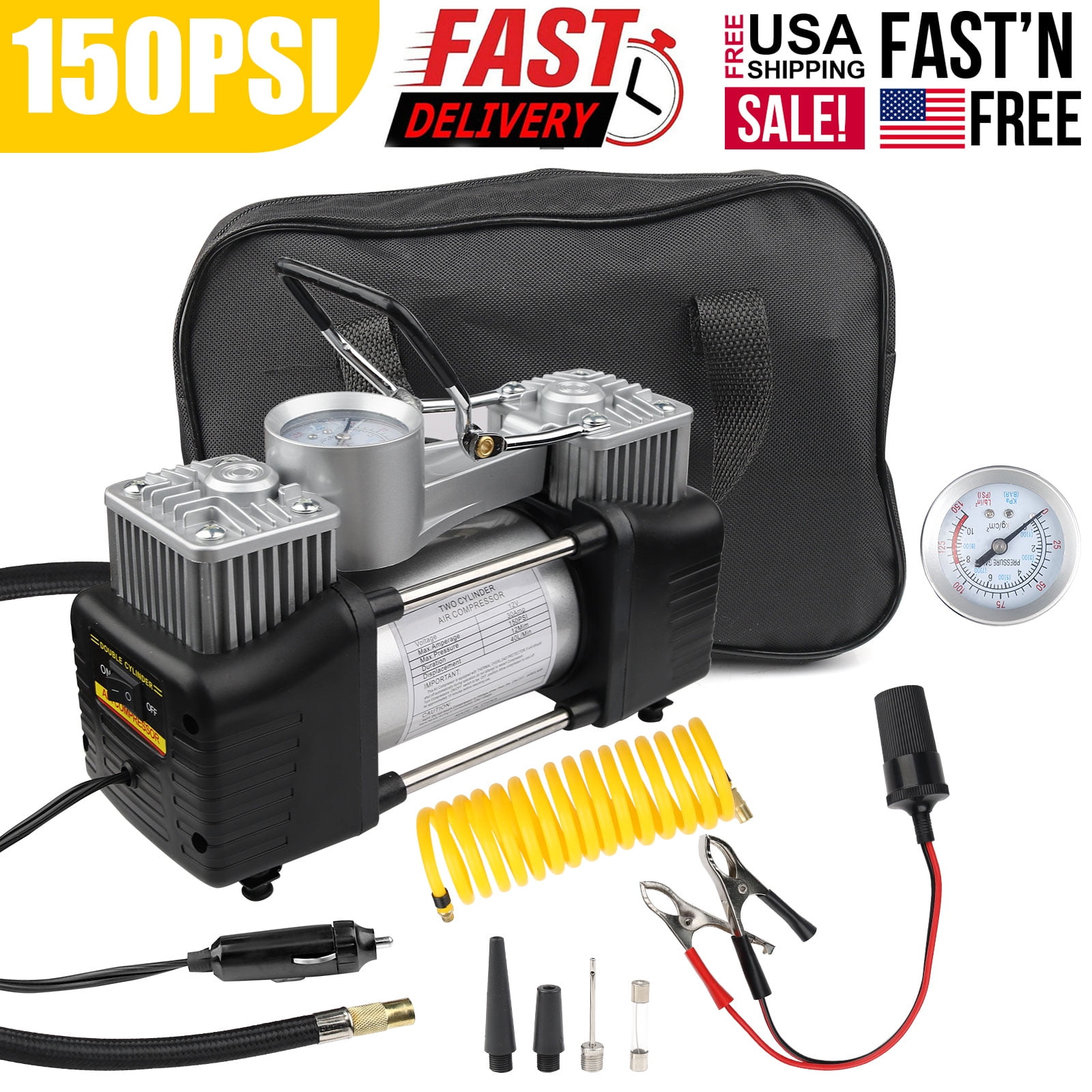 LineYDI Air Compressor Tire Inflator Portable Dual Cylinder Air Pump ...