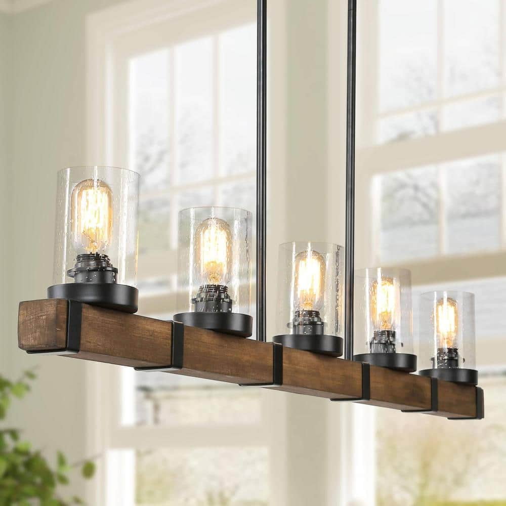 Linear Wood Chandelier, Brown Rectangular 5-Light Island Pendant Light ...
