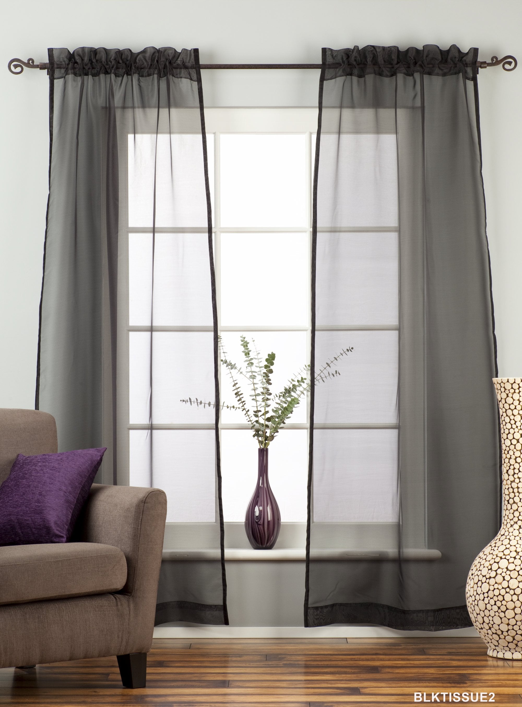 Lined-Black - Rod Pocket Sheer Tissue Curtain Panel Drape - 43W x 120L ...