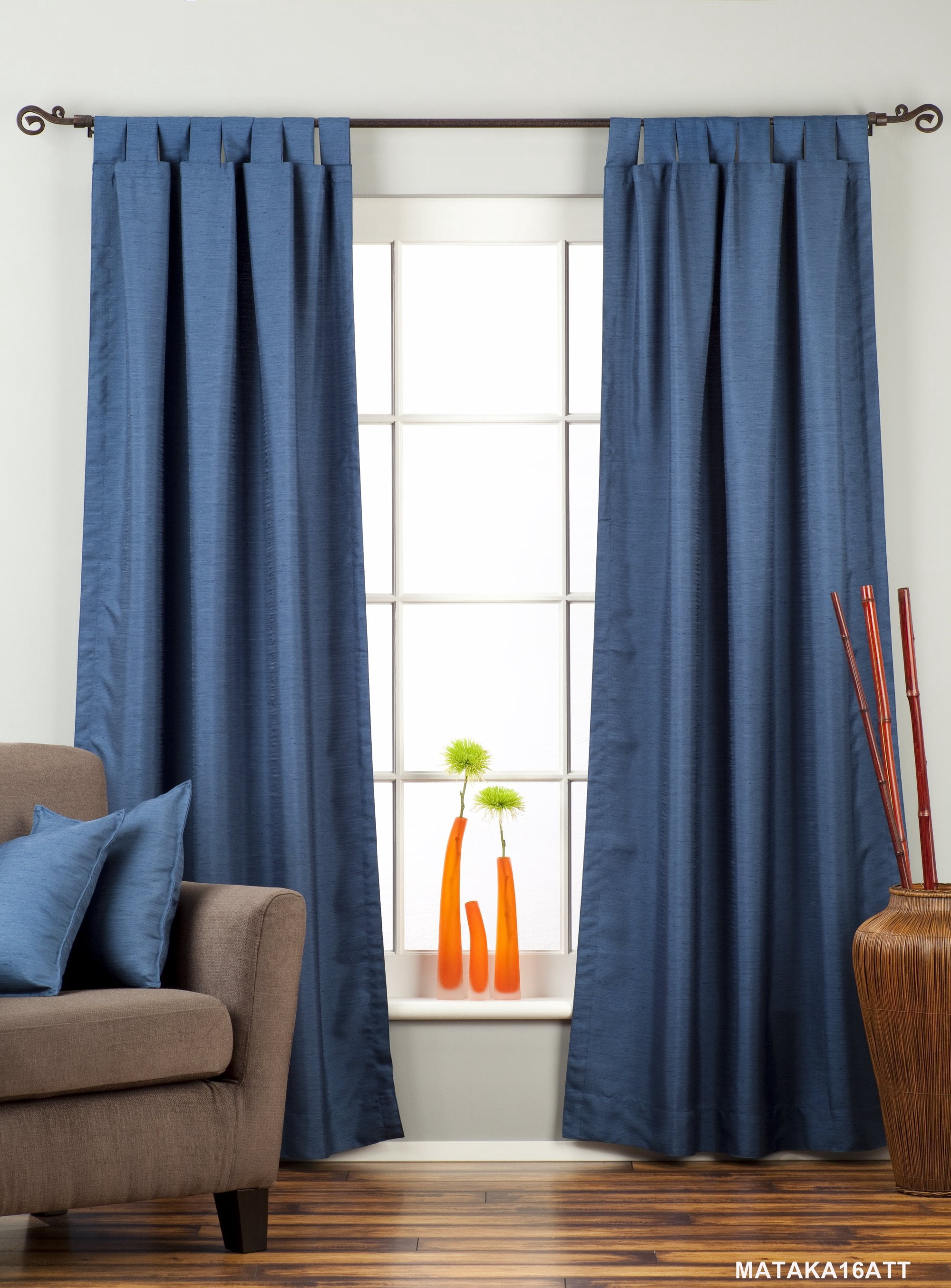 Lined-Blue Tab Top Matka Raw Silk Curtain / Drape - 60W x 120L - Piece ...