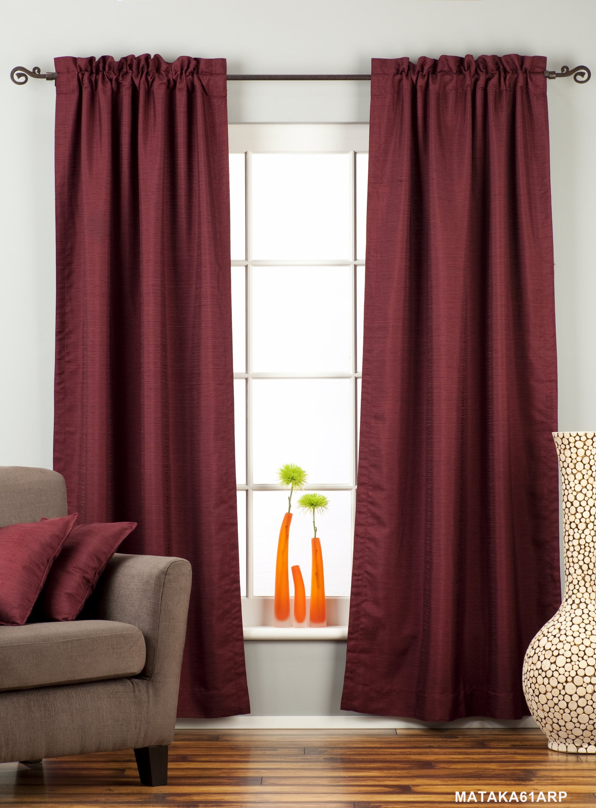 Lined-Dark Maroon Rod Pocket Matka Raw Silk Curtain Drape - 43W x 84L ...