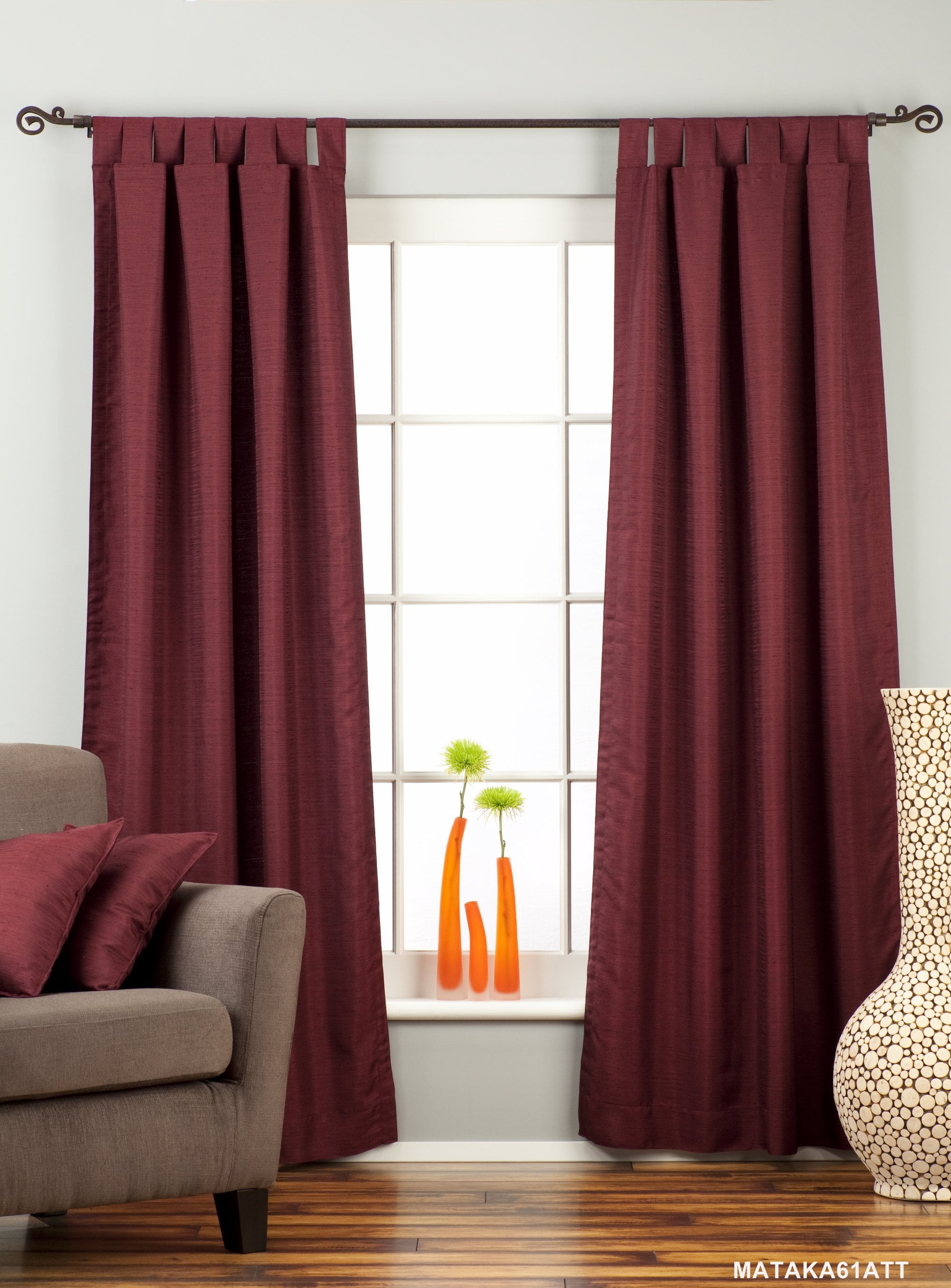 Lined-Dark Maroon Tab Top Matka Raw Silk Curtain / Drape - 60W x 120L ...