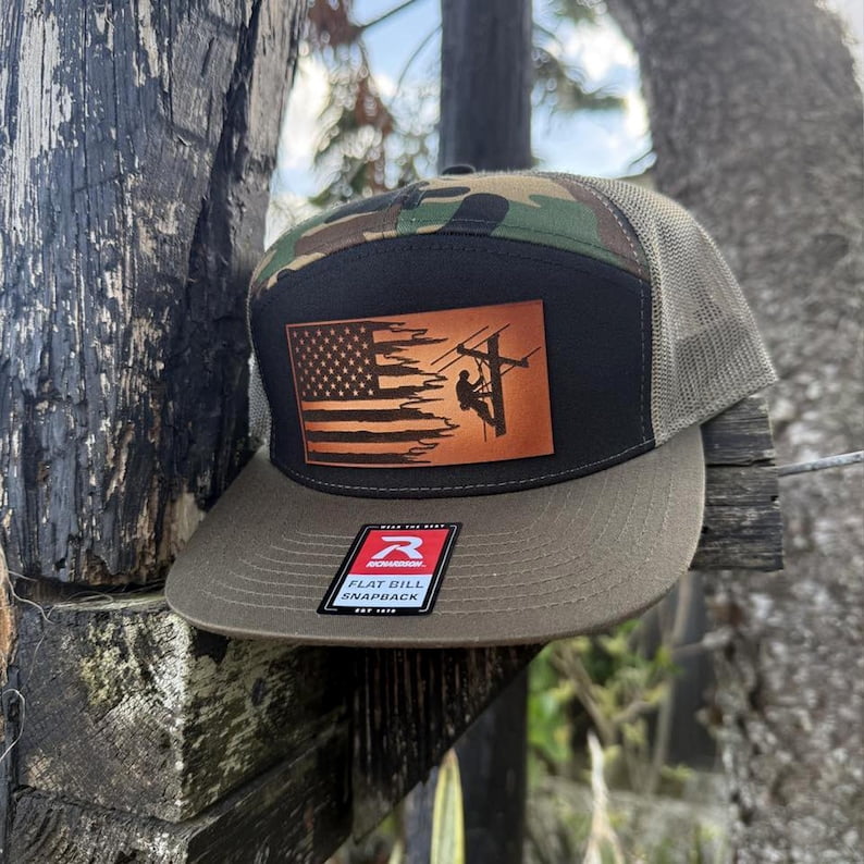Lineman Flag Hat, Leather Patch Hat, Richardson 168 Flat Bill Snapback ...