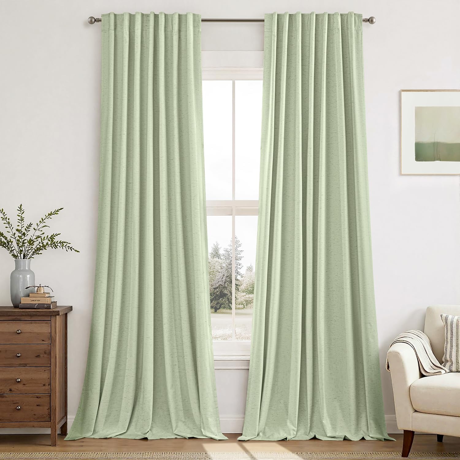 Linen 100% Blackout Curtains 96 Inch Long 2 Panels, Sage Green Back Tab ...