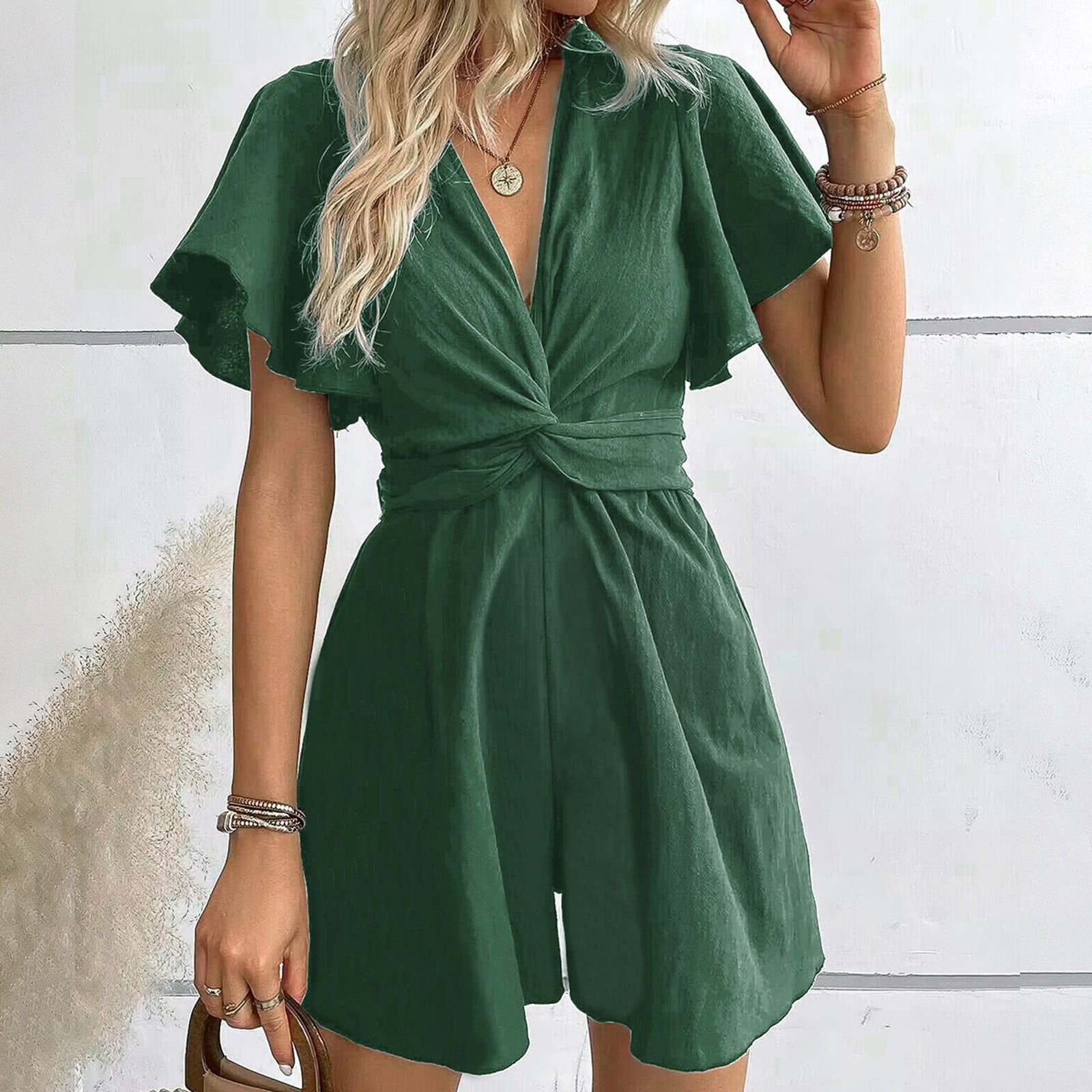 Linen 2025 Trendy Romper for Curvy Women Flare Sleeves Wrap V Neck Belt Tie High Waist Short ...