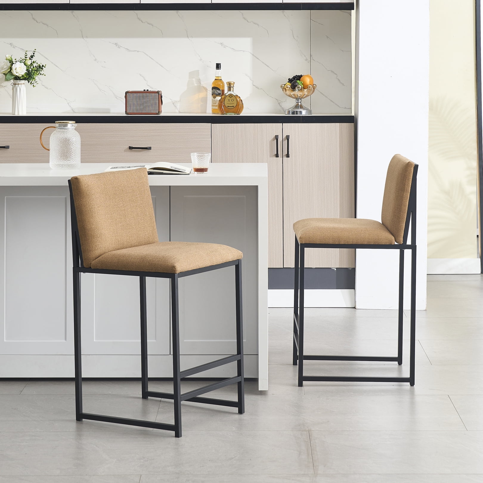 Linen 26.77 inches Counter Height Bar Stools with Padded Back, Modern ...