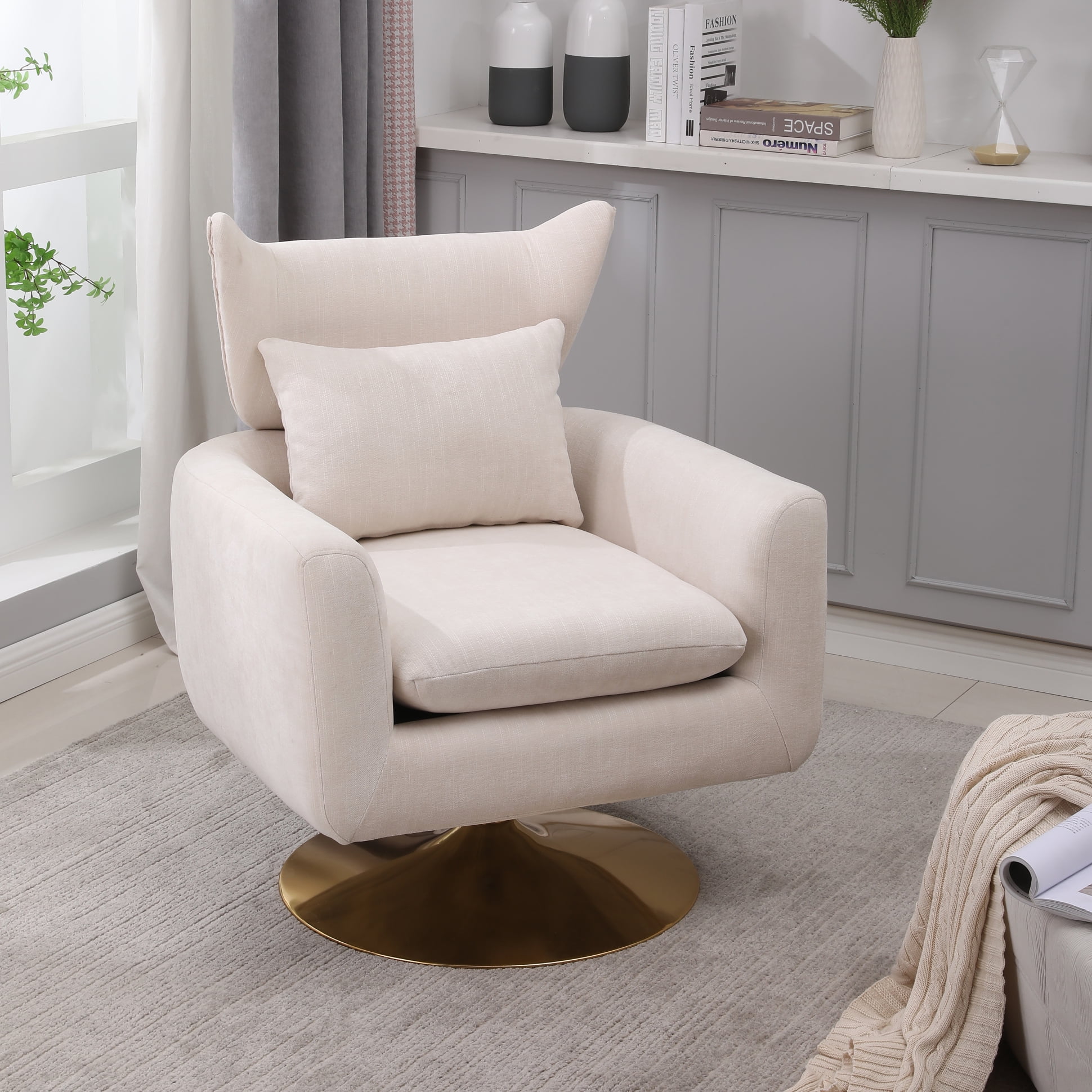 Linen Accent Chair, Comfy Swivel Armchair with Wingback and Lumbar ...