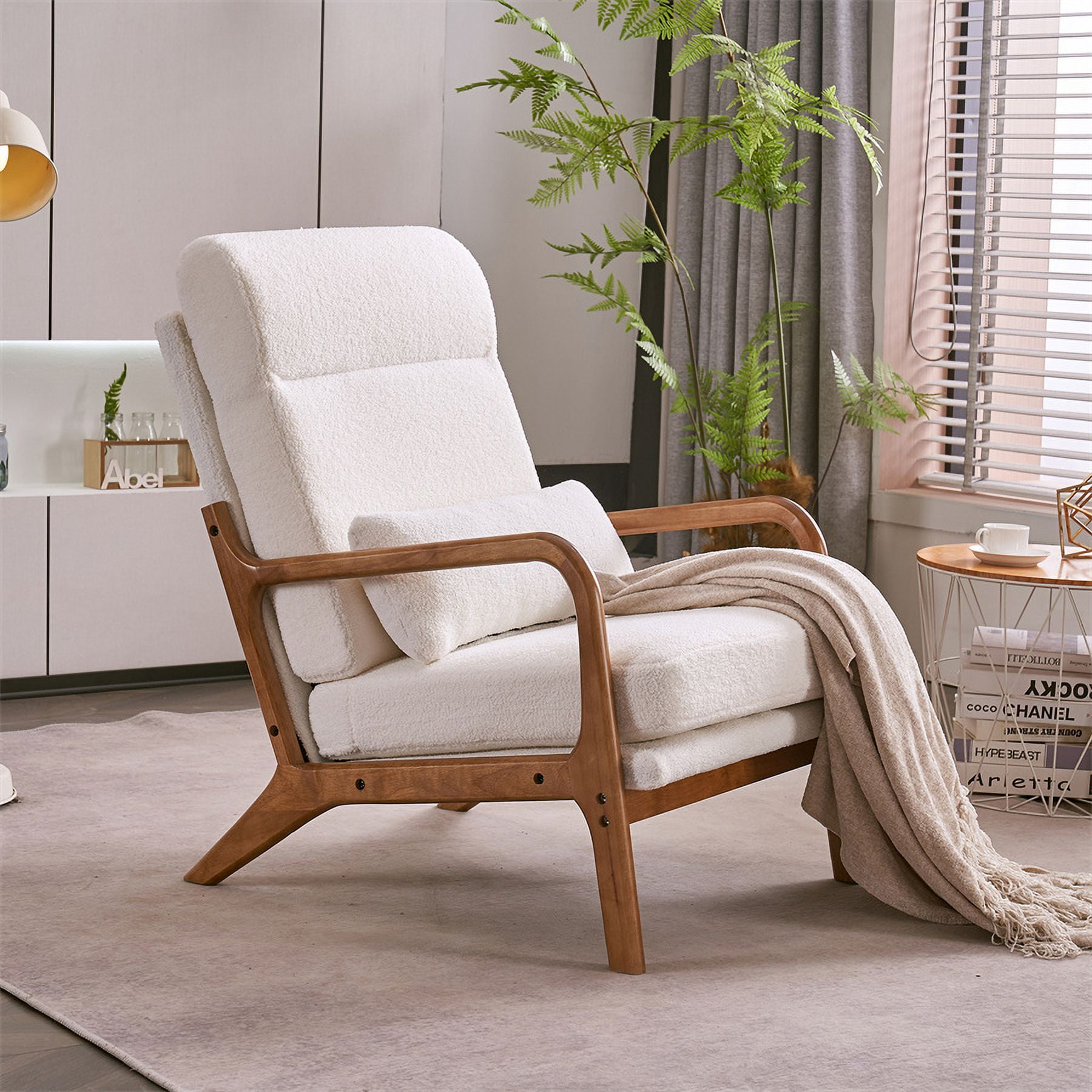 Linen Accent Chair with Solid Wood Armrest and Ergonomic Backrest ...