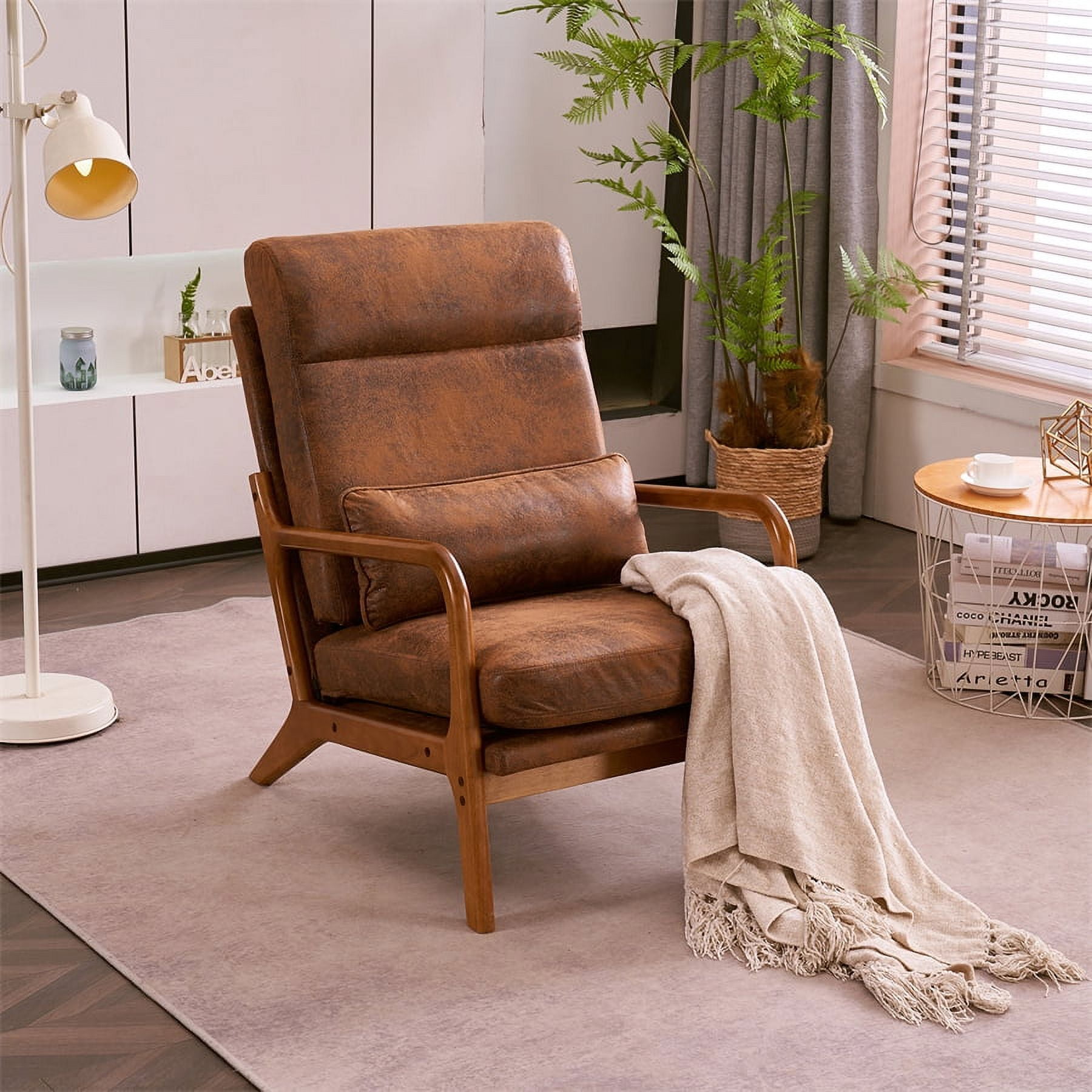 Linen Accent Chair with Solid Wood Armrest and Ergonomic Backrest ...