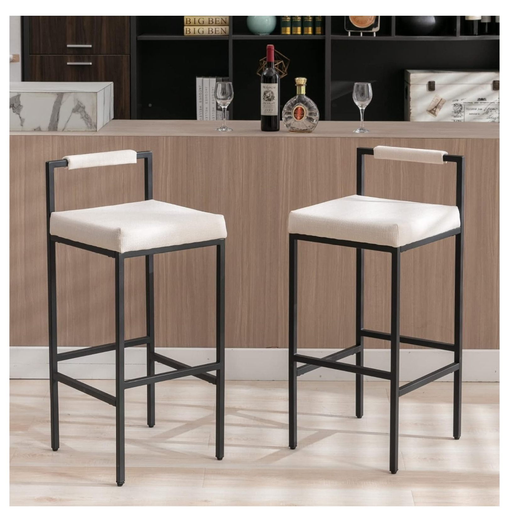Linen Bar Stools Set of 2 Beige Bar Height Barstools with Metal Legs 30 ...