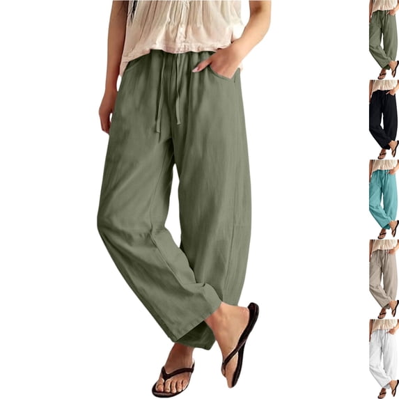 Linen Barrel Pants Women Wide Leg Palazzo Cotton Drawstring Capris ...