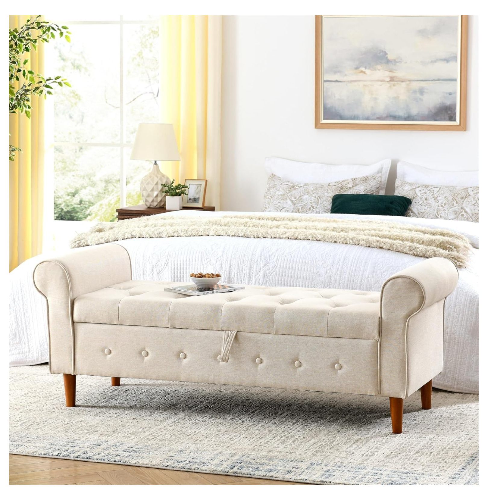 Linen Bedroom Storage Ottoman Bench End of Bed,62" Long Rolled Arm Bed ...