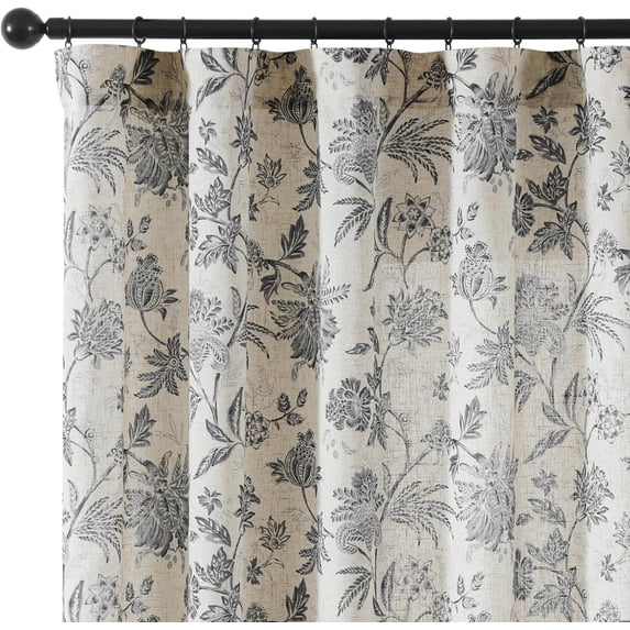 Linen Black Floral Curtains for Bedroom, 63 Inch Length Printed Flower ...