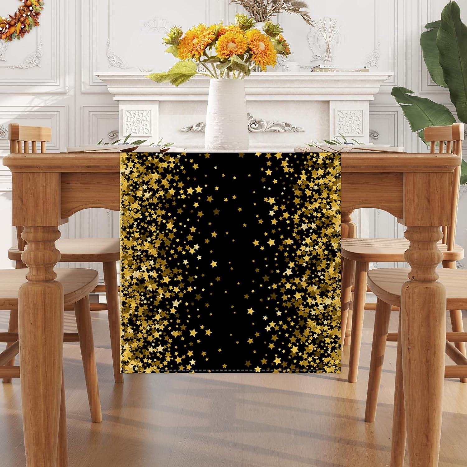 Linen Black and Gold Star Table Runner Prom Decorations Happy New Year ...
