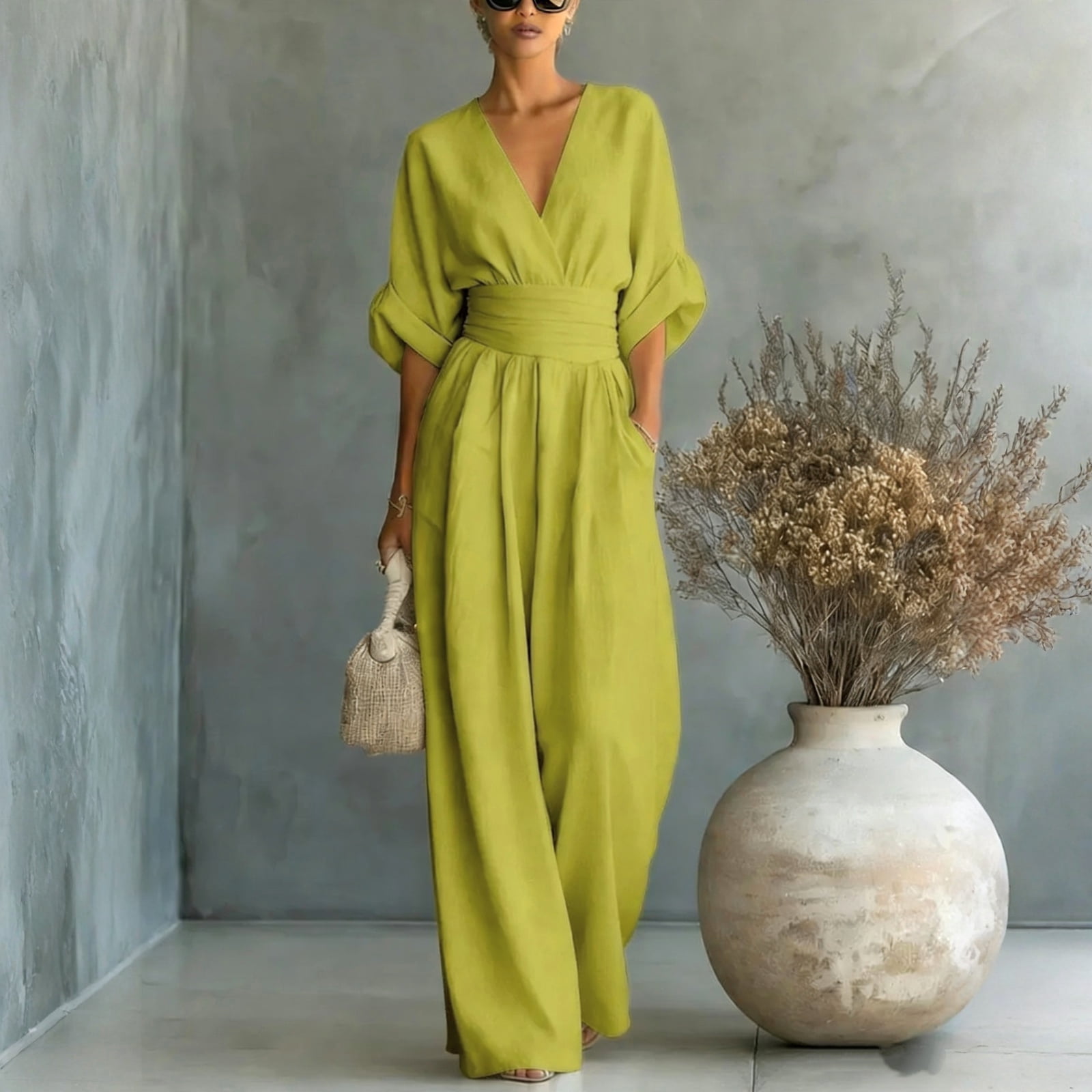 Linen Blend Wide Leg Jumpsuit for Women, V Neck High Waist One Piece ...