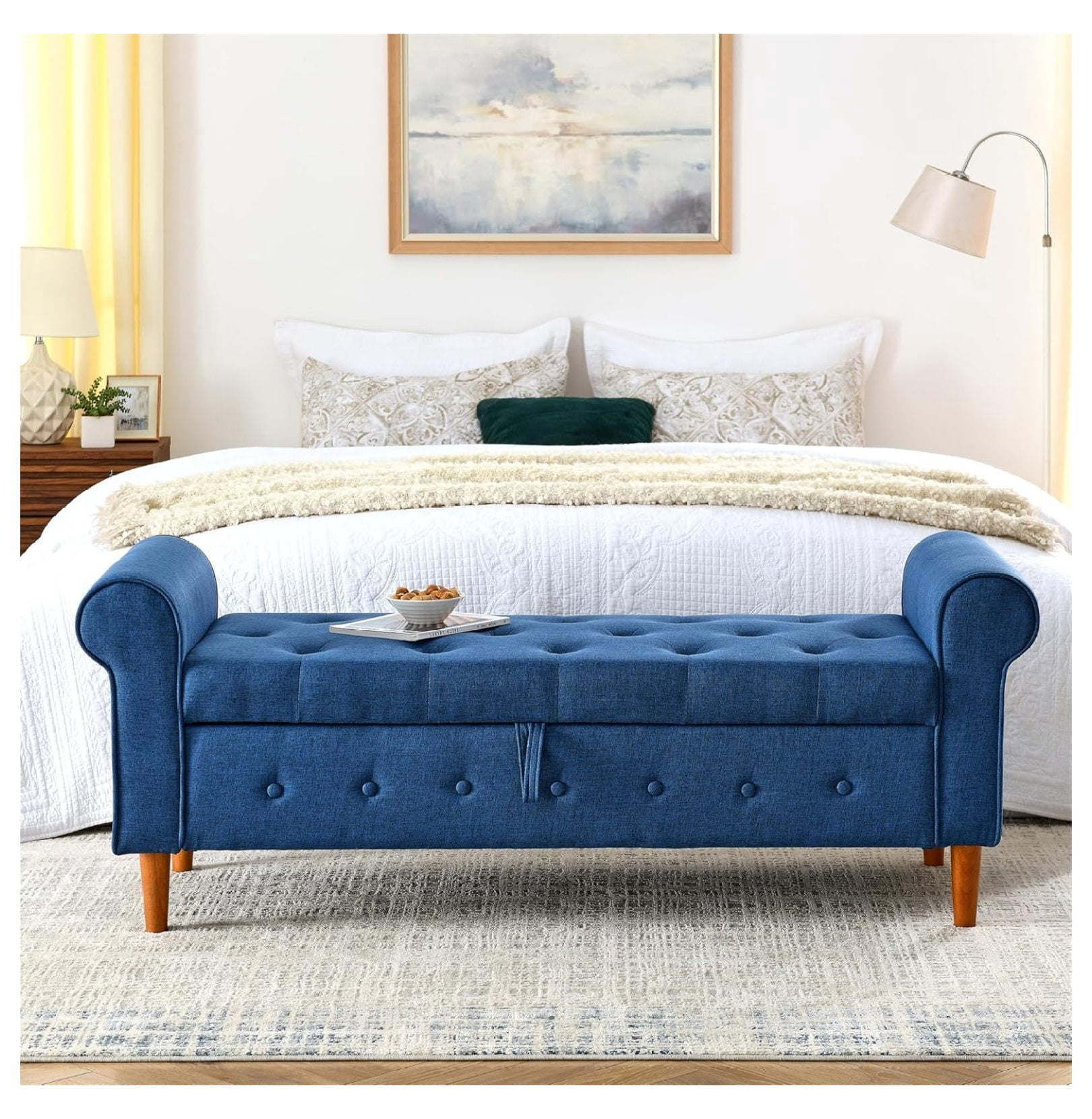 Linen Blue 62" Long Storage Ottoman with Foam Padded Seat, Button ...
