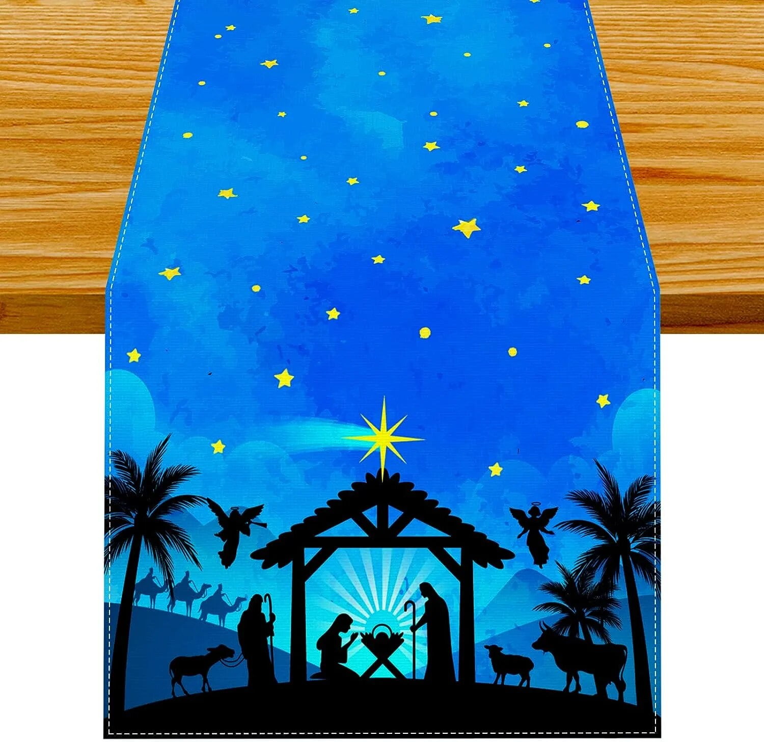 Linen Blue Christmas Nativity Scene Table Runner Religious Manger Scene ...