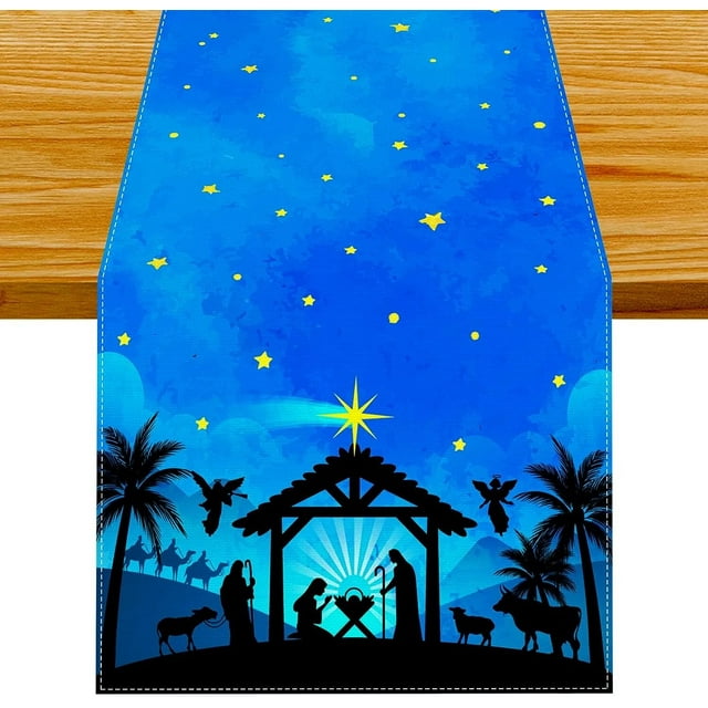 Linen Blue Christmas Nativity Scene Table Runner Religious Manger Scene ...