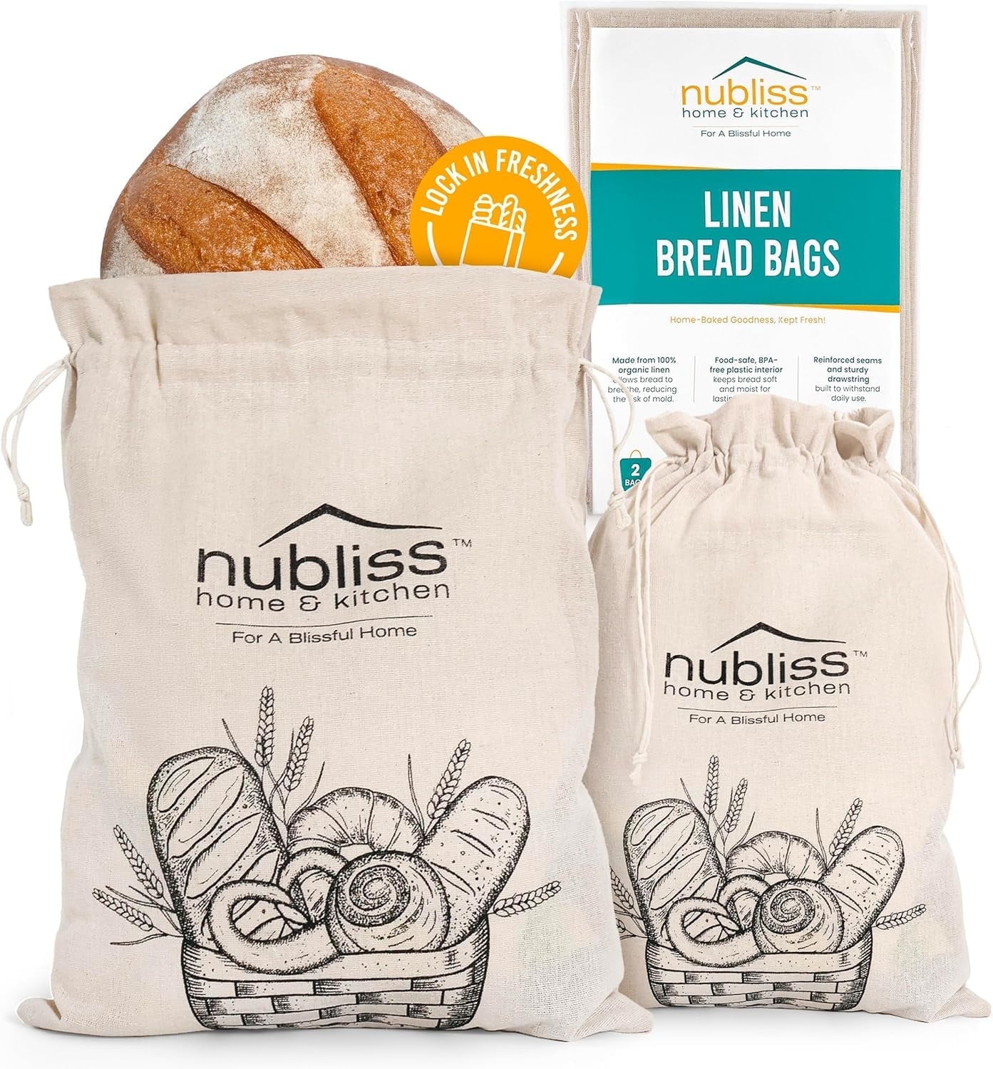 Nubliss Organic Linen Bread Bags for Homemade Bread with Inner Lining ...