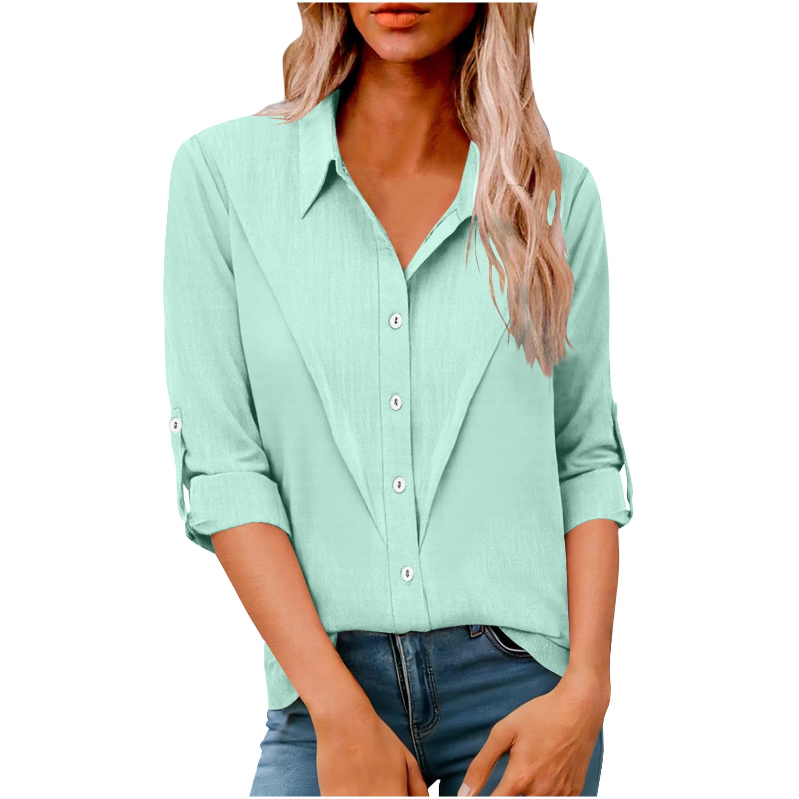 Linen Button Down Shirt Women Roll up Long Sleeve Tops Solid Color Work ...